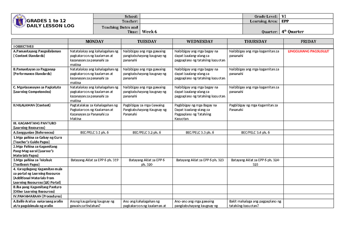 Grade 6 DLL EPP 6 Q4 Week 6 - GRADES 1 to 12 DAILY LESSON LOG School ...