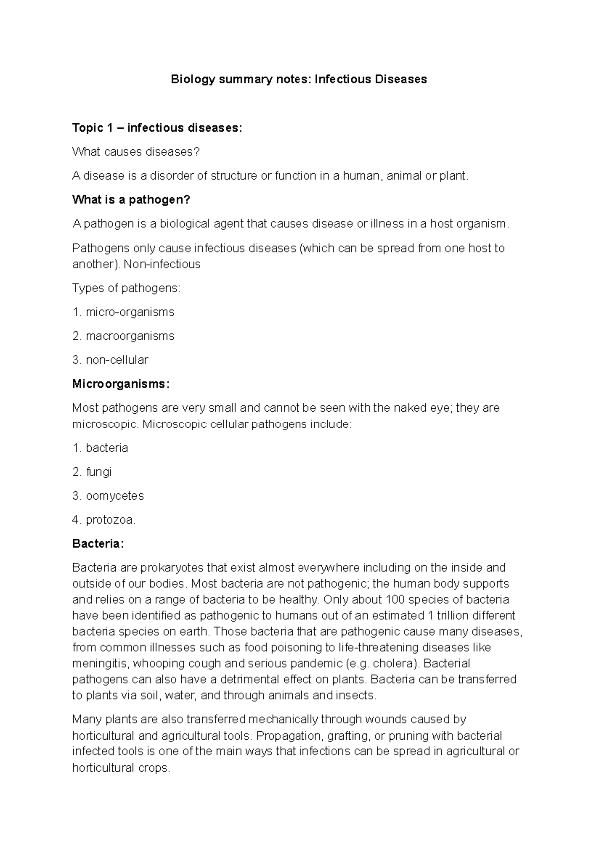 Biology Summary Notes Infectious Diseases - Biology summary notes ...