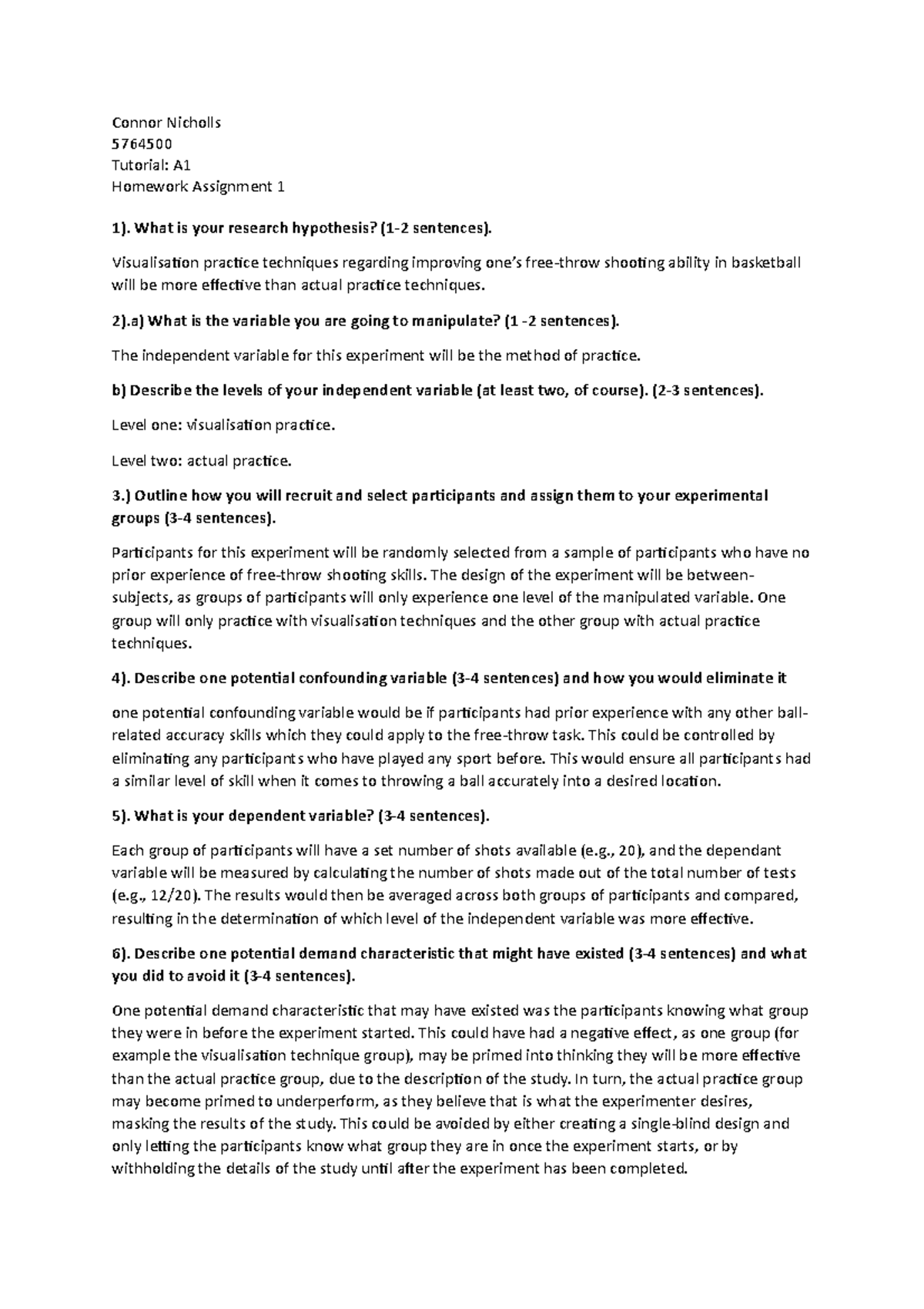 Homework assignment, designing an experiment. - Connor Nicholls 5764500 ...