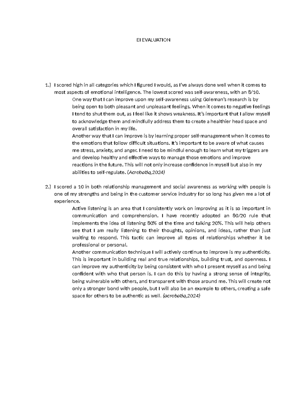 EI Evaluation - passed 1 try - EI EVALUATION 1.) I scored high in all ...