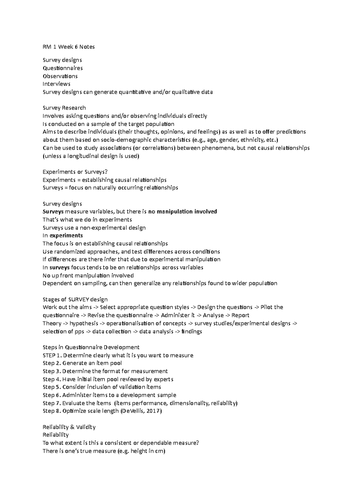 RM 1 Week 6 Notes - RM 1 Week 6 Notes Survey designs Questionnaires ...