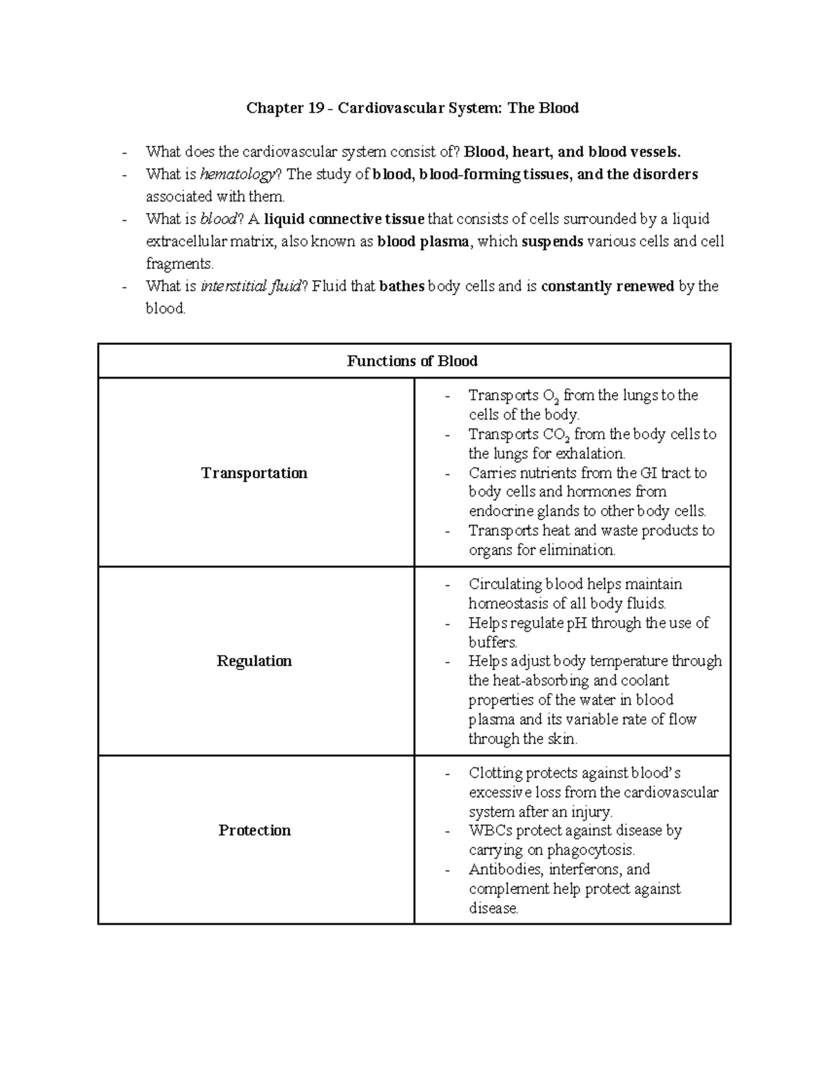 Cardiovascular System - Chap 19 Notes - Chapter 19 - Cardiovascular ...