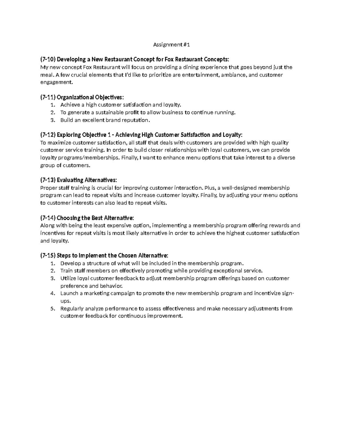 MGMT 339 Assignment 1 - Assignment # (7-10) Developing a New Restaurant ...