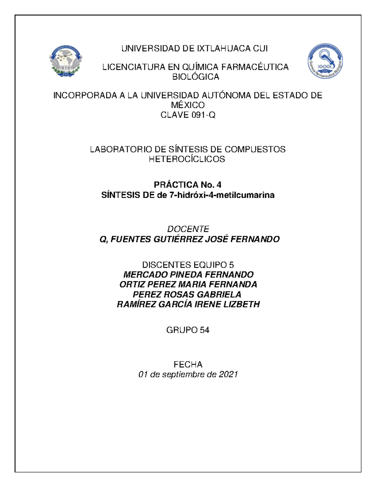 Informe Practica 4 síntesis de cumarina orgánica heterocíclica ...