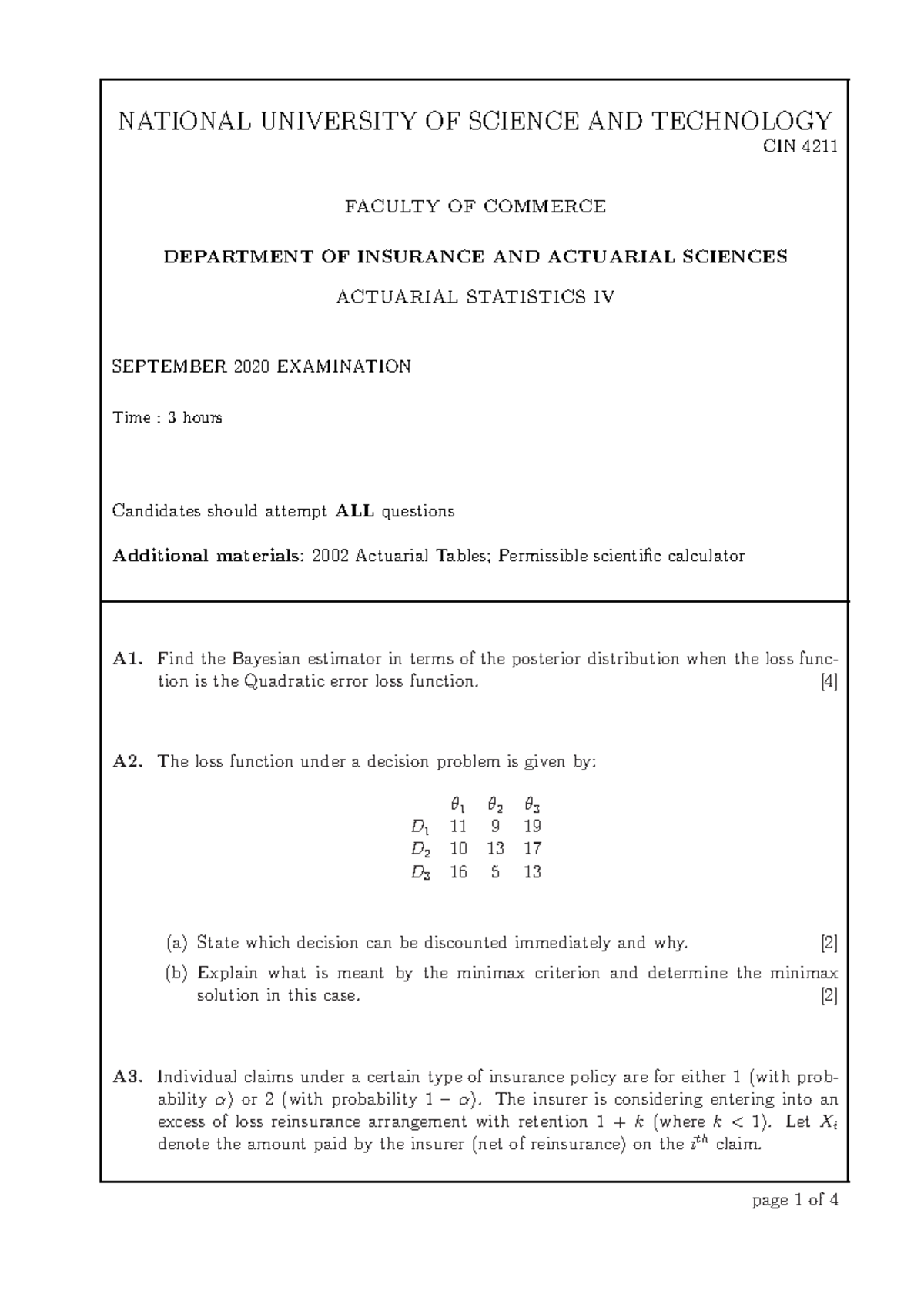 October 2019 - Final Examination Paper on Actuarial Statistics III ...