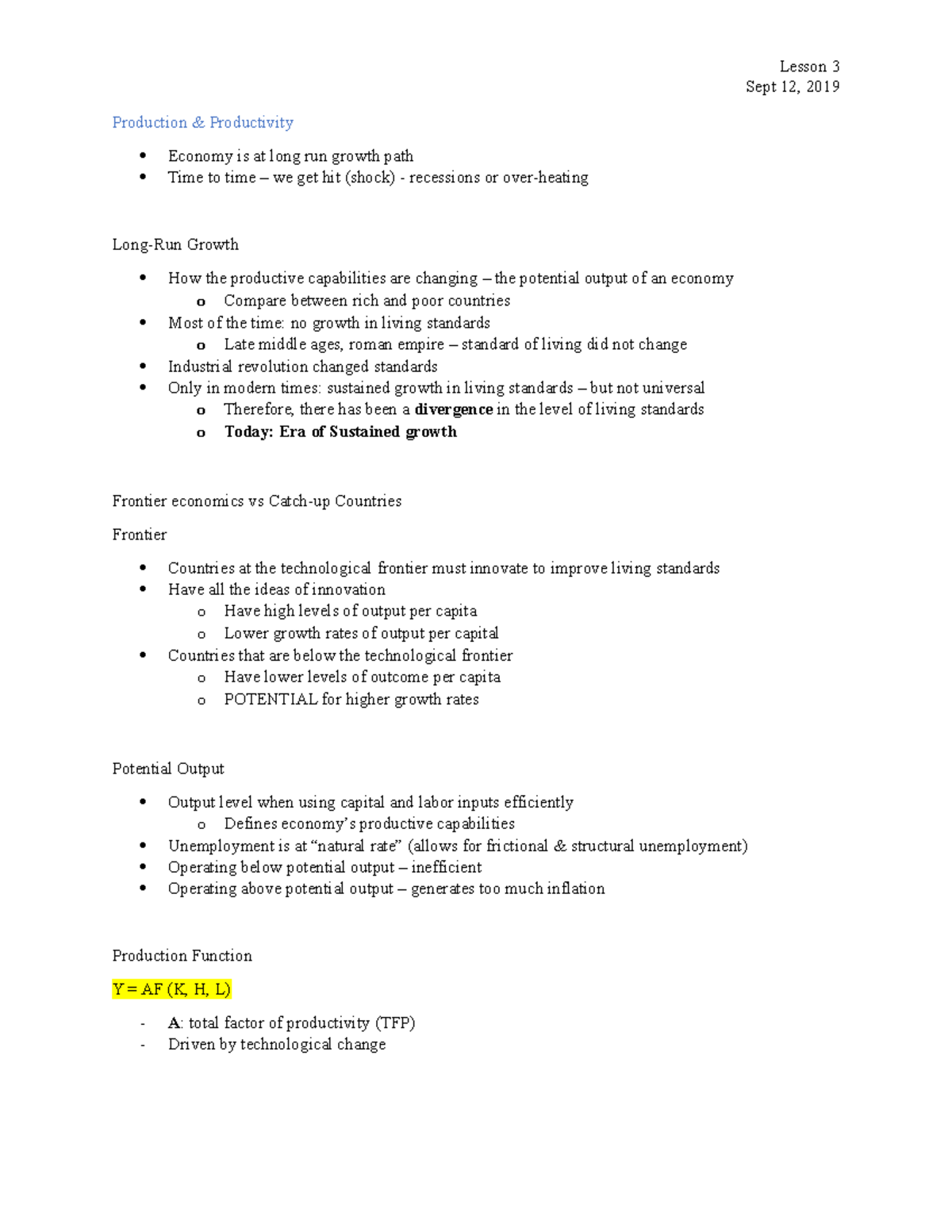 Lesson 3 Production & Productivity - Lesson 3 Sept 12, 2019 Production ...