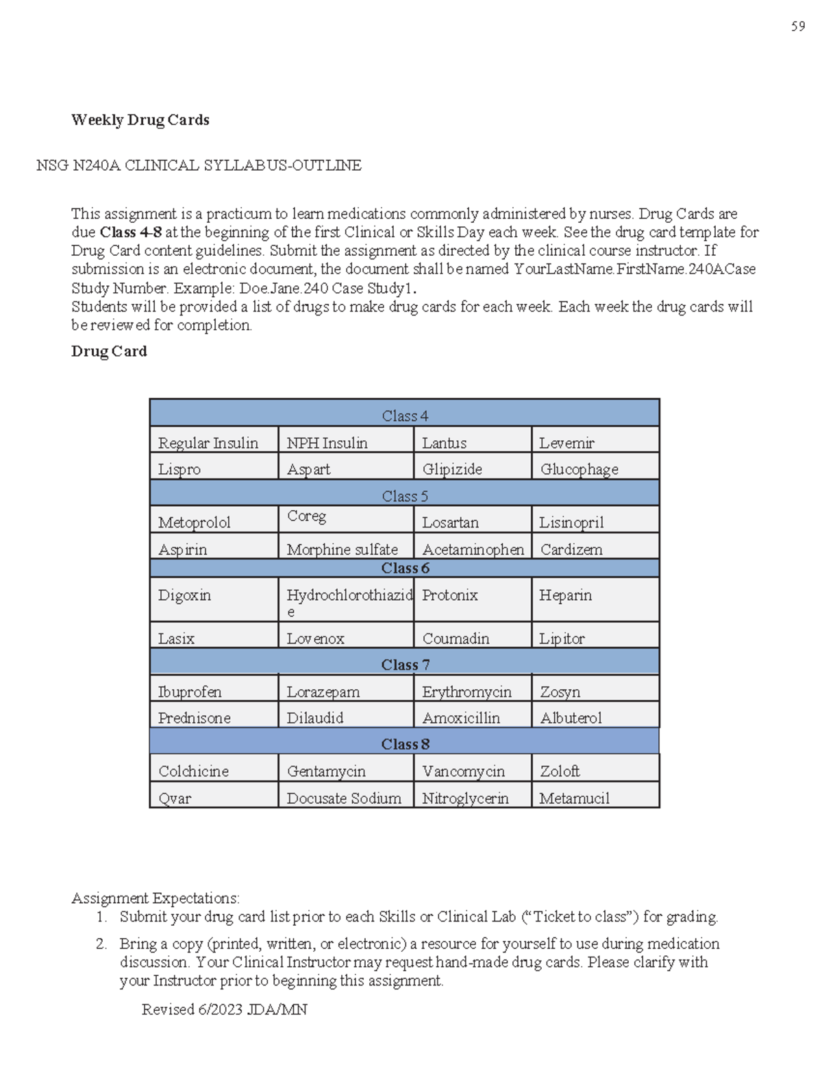 Drug Card - Drug Card - 59 Weekly Drug Cards NSG N240A CLINICAL This ...