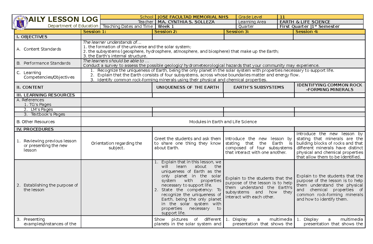 DLL ELS Quarter 1 WEEK 1 - earth and life science - DAILY LESSON LOG ...
