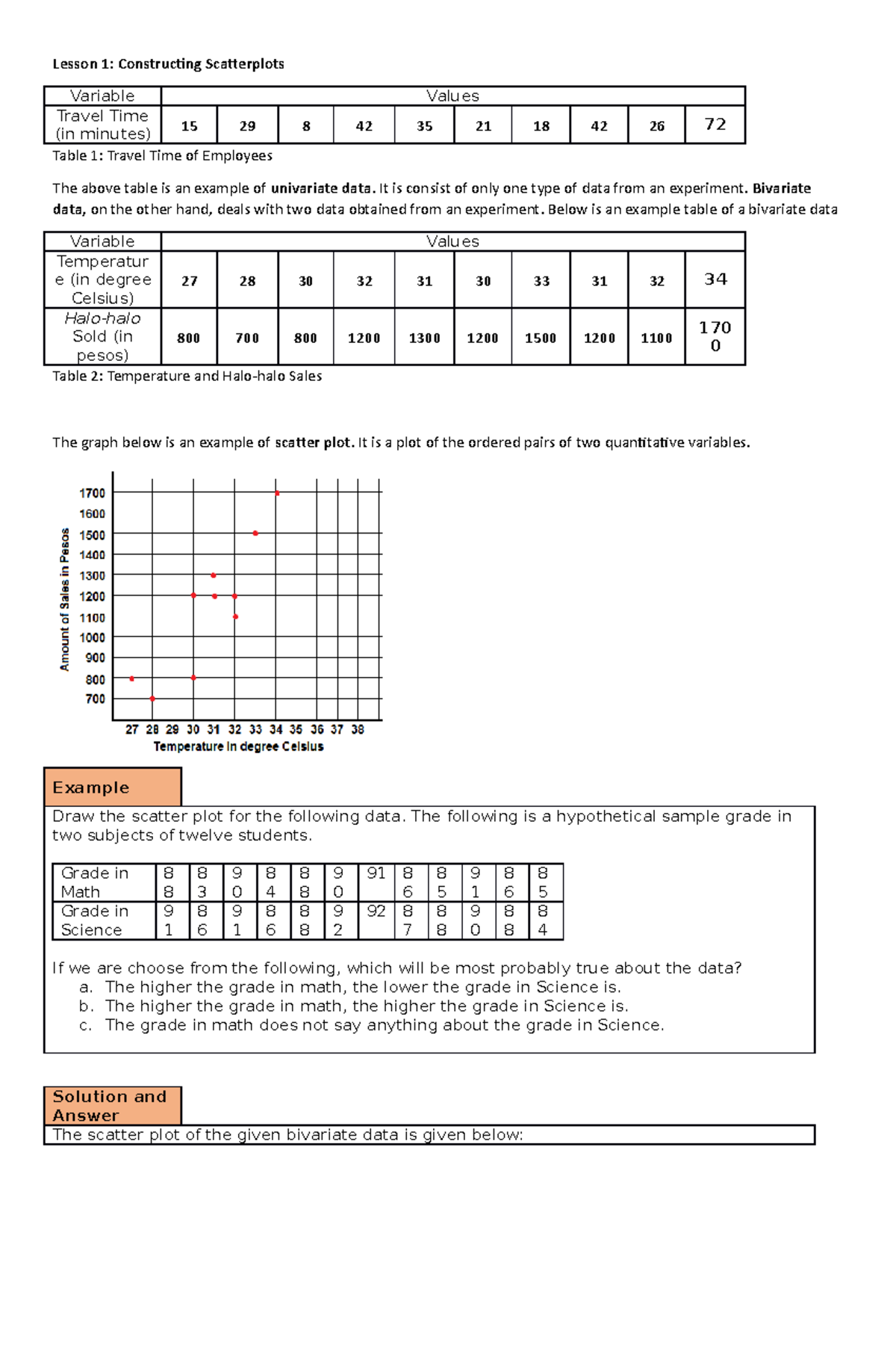 Statistics Subject Lesson 1-2 - Lesson 1: Constructing Scatterplots Variable Values Travel Time ...