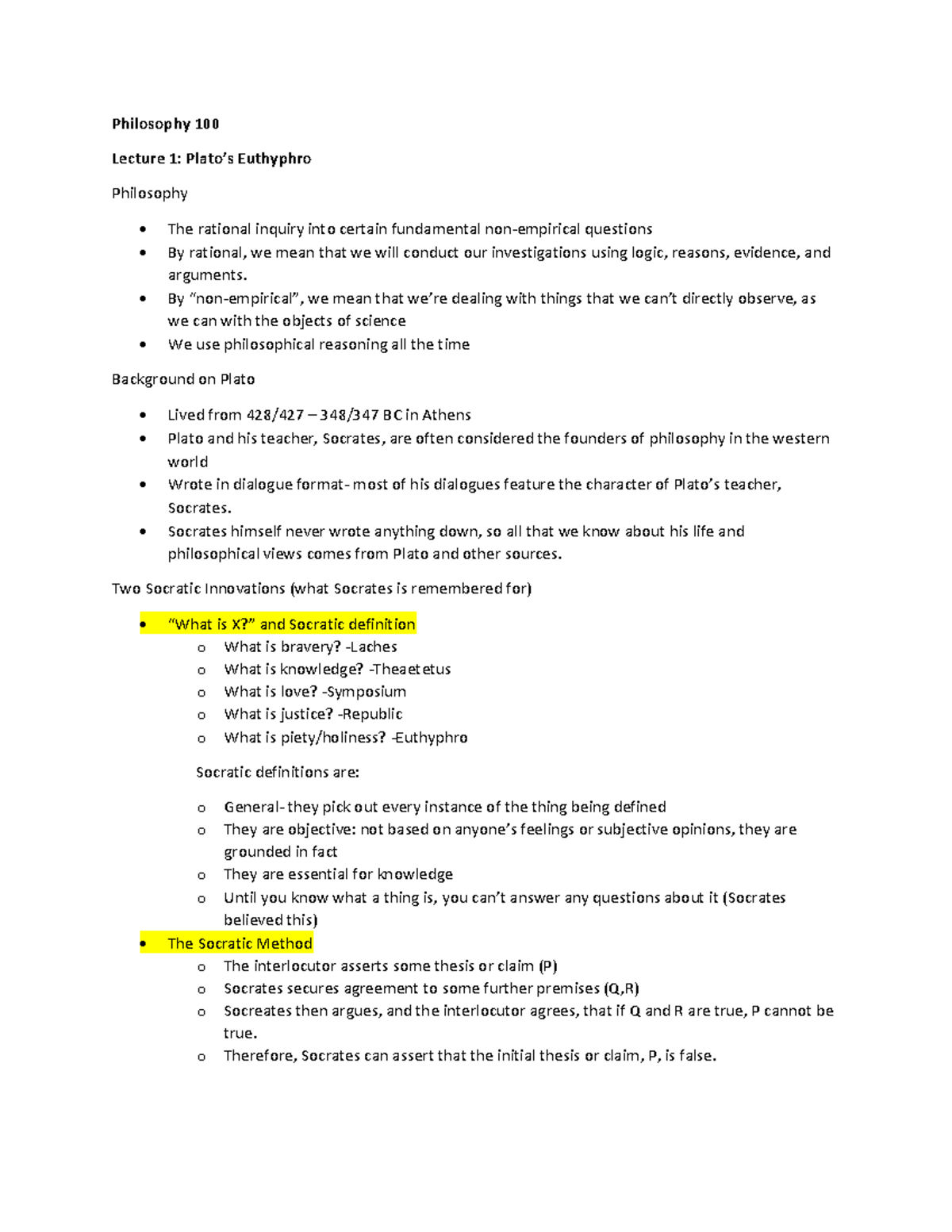 PHL Lecture 1 - Philosophy 100 Lecture 1: Plato’s Euthyphro Philosophy ...