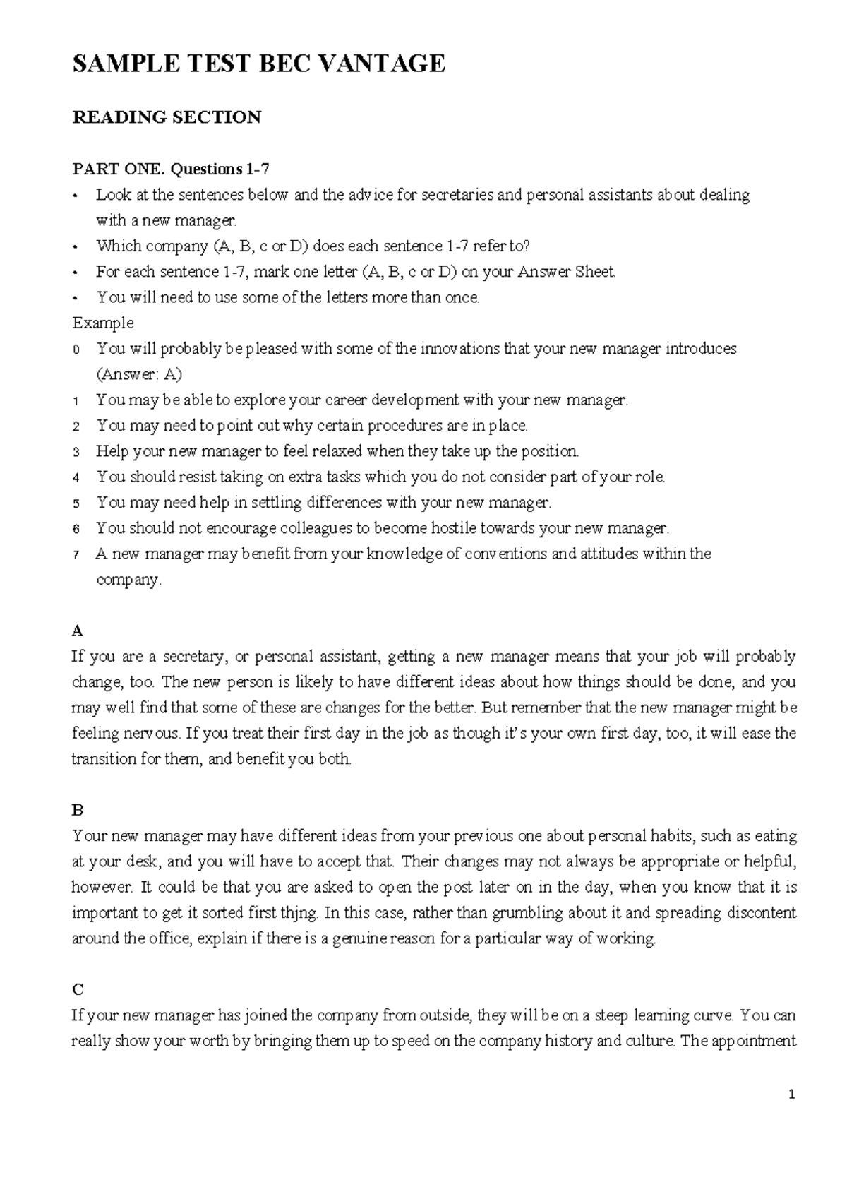 Sample TEST BEC Vantage - SAMPLE TEST BEC VANTAGE READING SECTION PART ...
