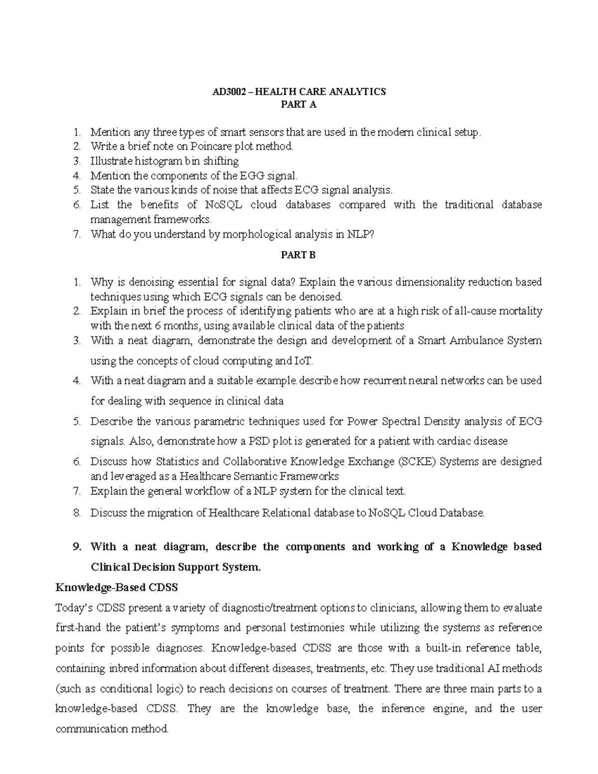 AD3002 HCA QB - Summary Fundamentals of Healthcare Analytics ...