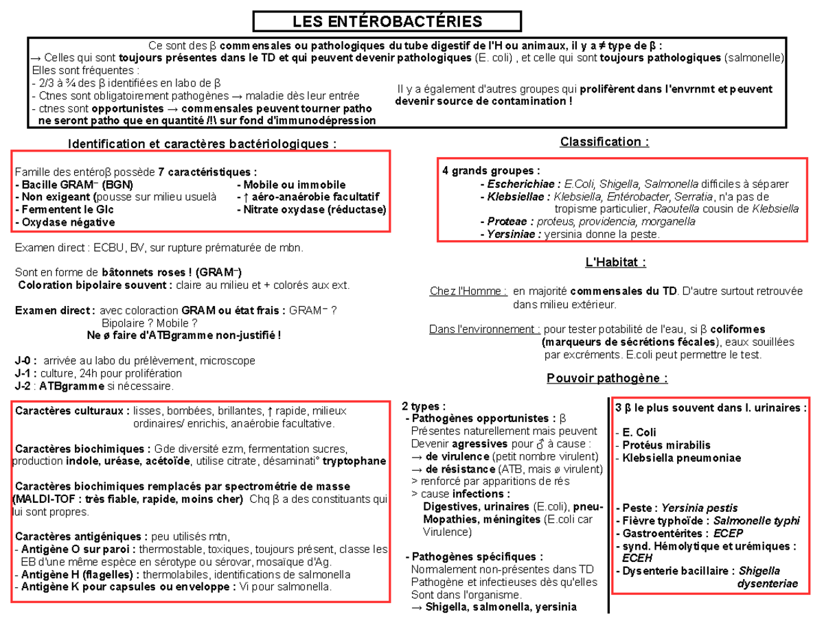 Fiche-enterobacteries-milten - LES ENTÉROBACTÉRIES Ce sont des β ...