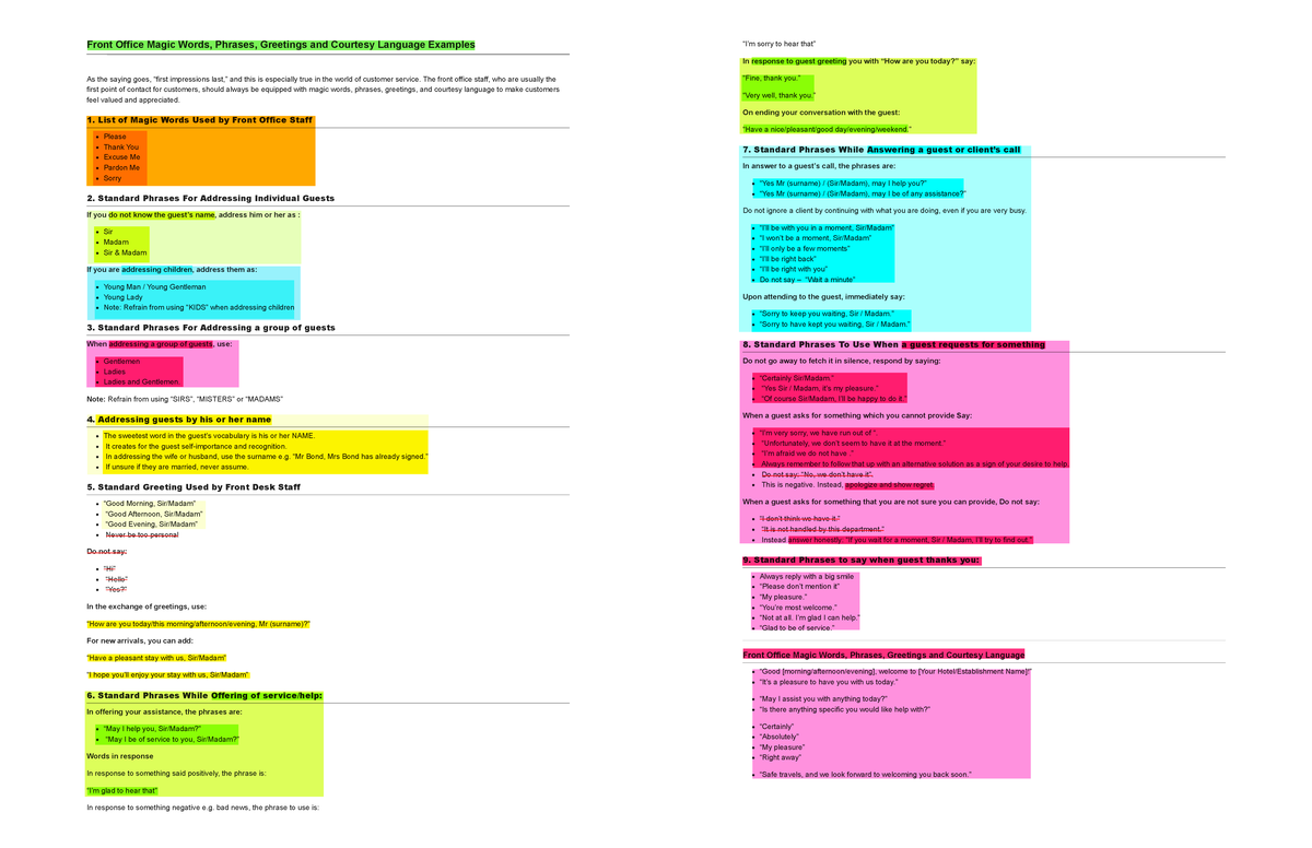 Front Office Magic Words, Phrases, Greetings - The front office staff ...