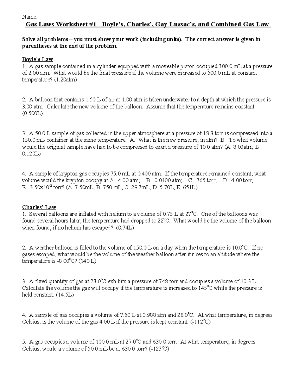 Gas ws 1 - jhbjbjfgch - Name: Gas Laws Worksheet #1 - Boyle’s, Charles ...