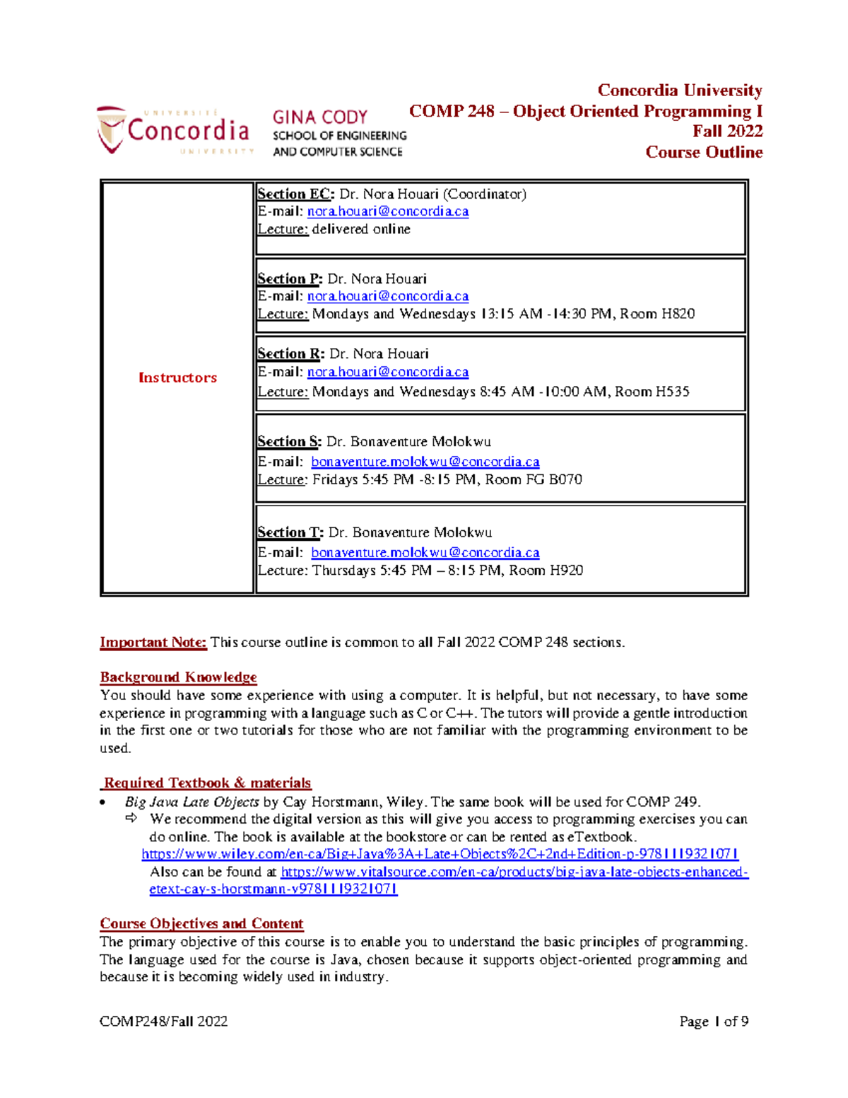 Comp248 Fall 2022 Outline Concordia University Comp 248 Object Oriented Programming I Fall