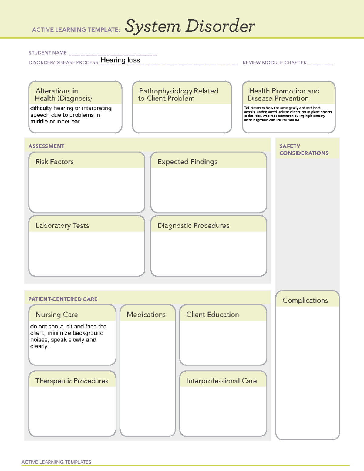 Hearing loss - ACTIVE LEARNING TEMPLATES System Disorder STUDENT NAME ...