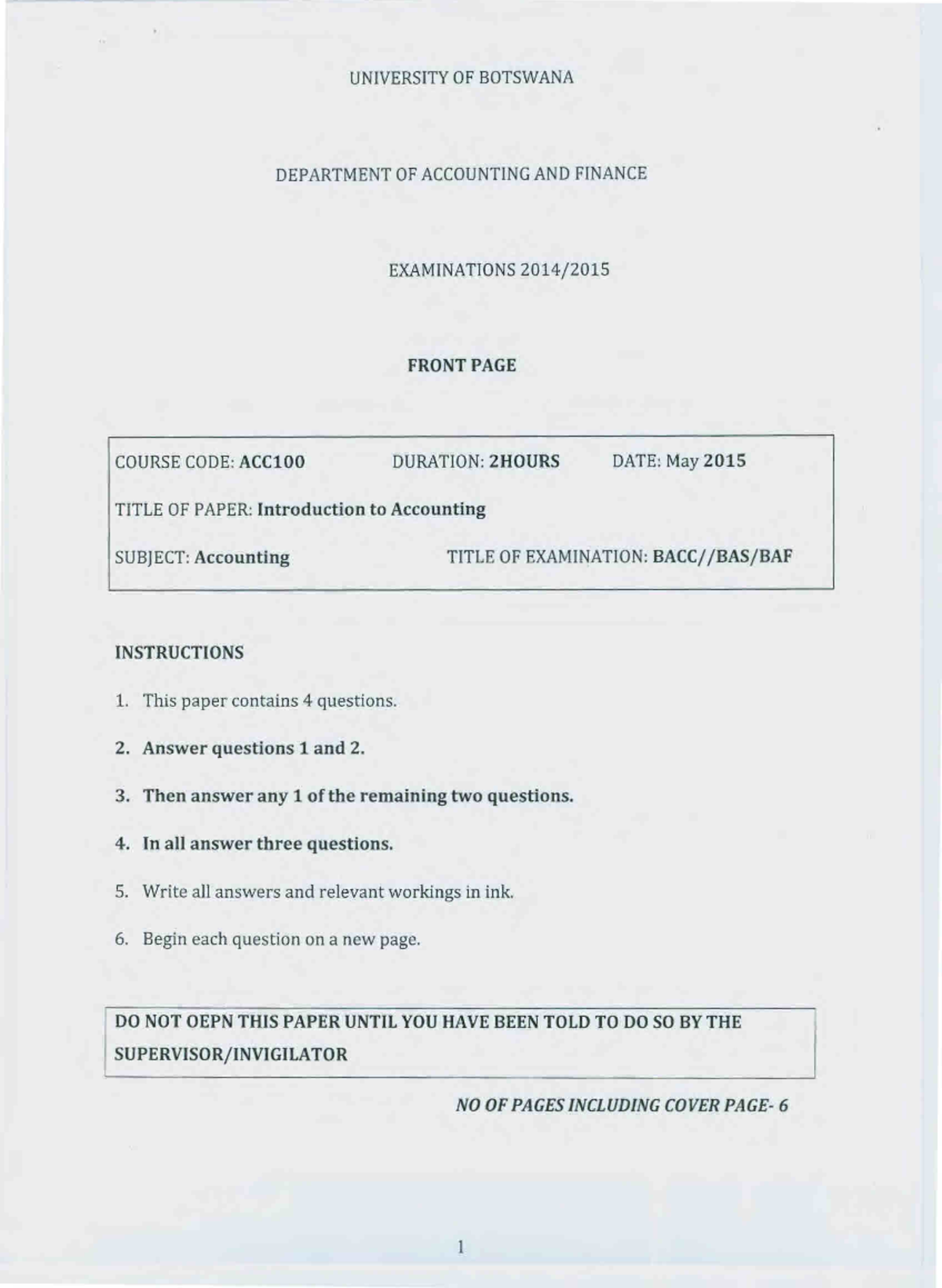 ACC 100 -2015 - Exam paper 2015 - UNIVERSITY OF BOTSWANA DEPARTMENT OF ...