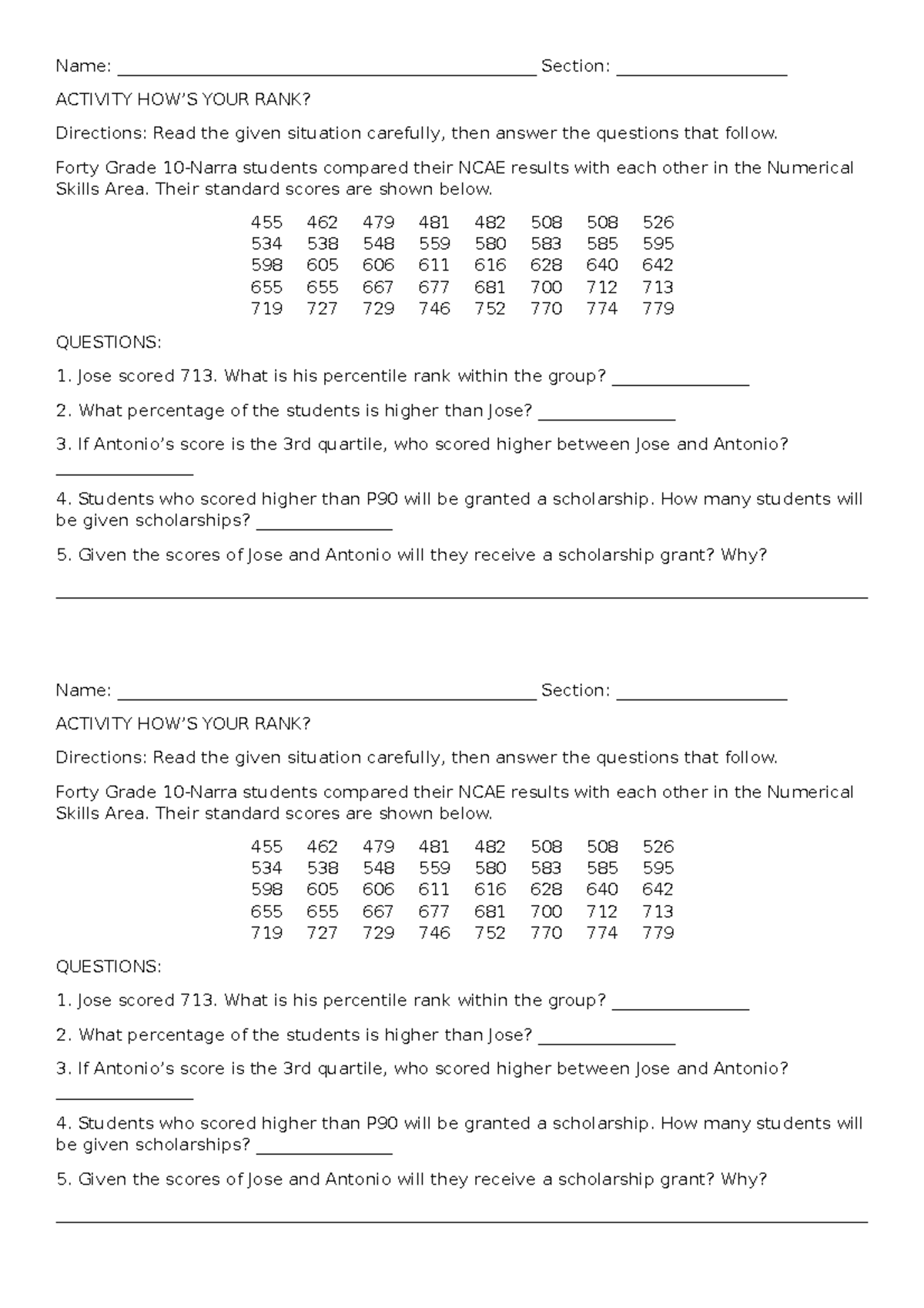 Percentile Rank Activity Grade 10 Name Percentile Rank Activity Grade 10 Name