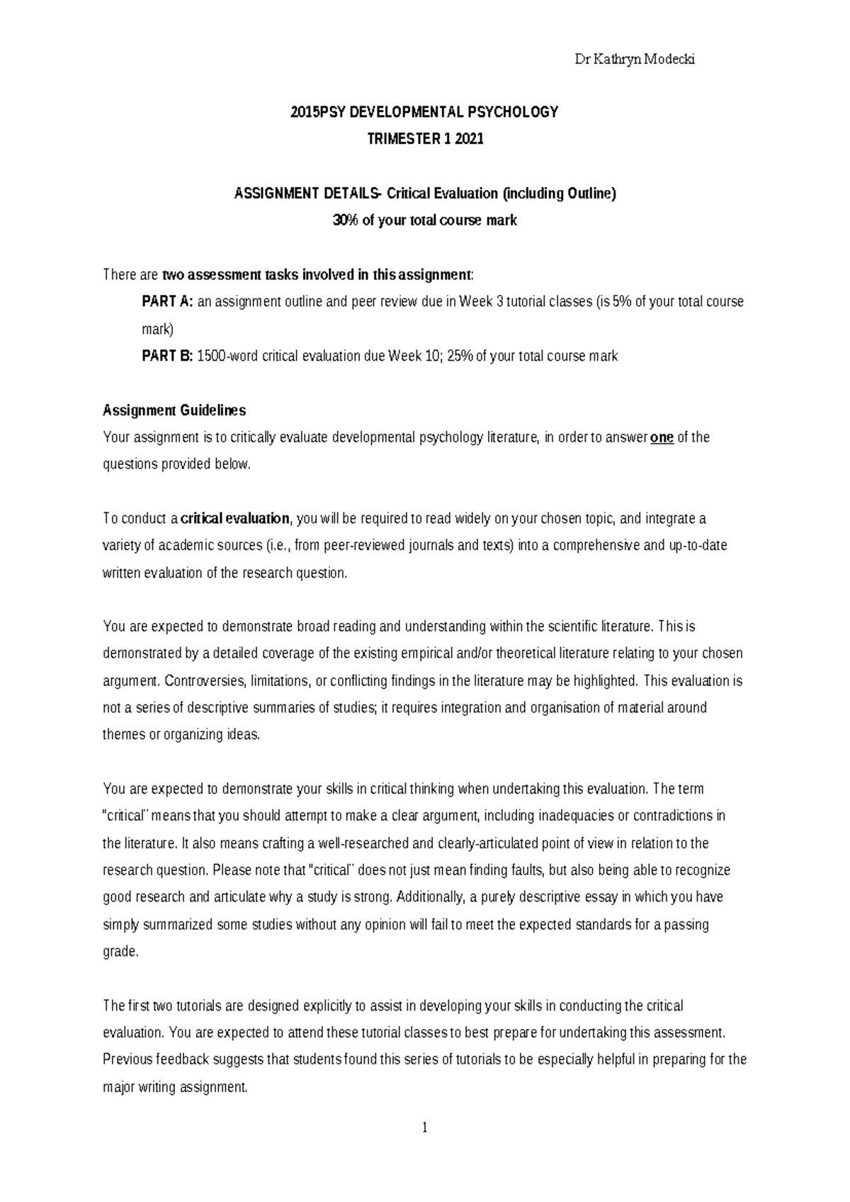 2015 PSY Assignment Details & Marking Criteria 2021 - 2015PSY ...