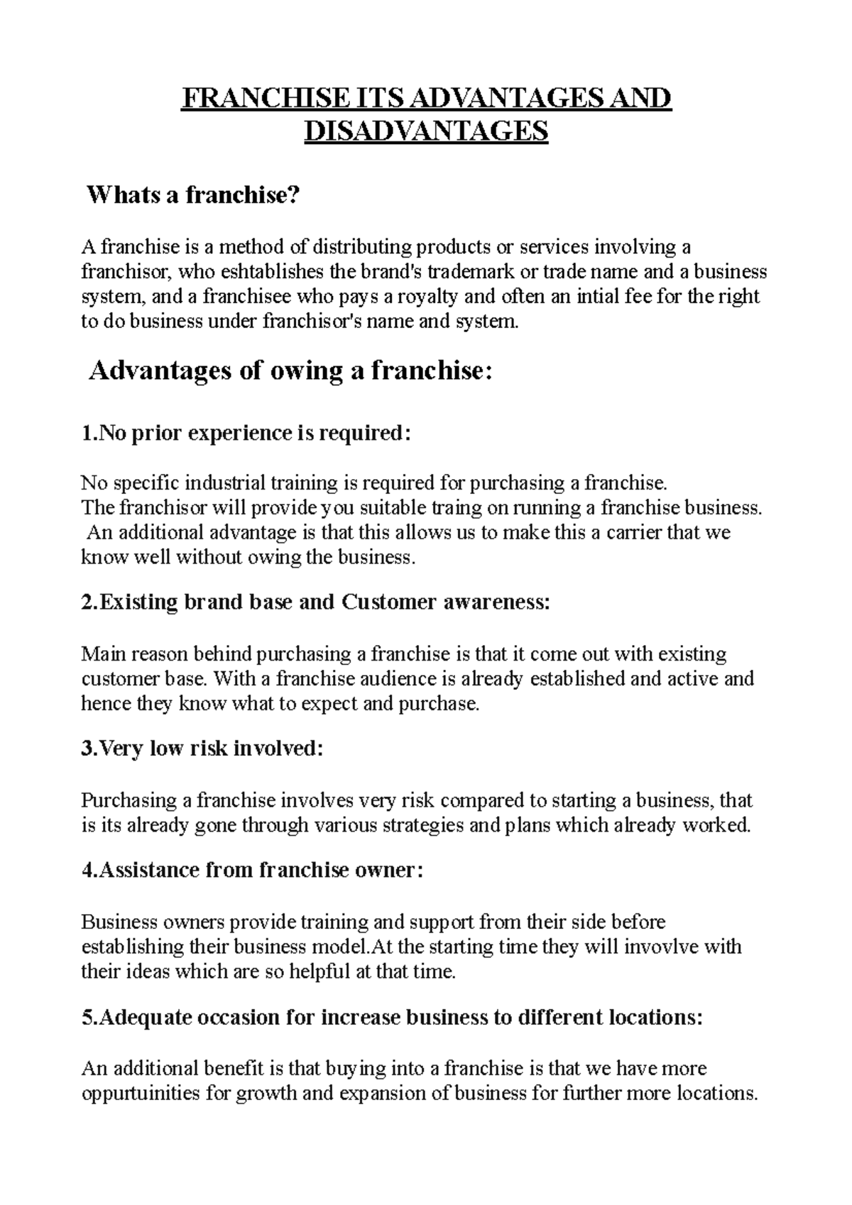Franchise its advantages and disadvantages - FRANCHISE ITS ADVANTAGES ...