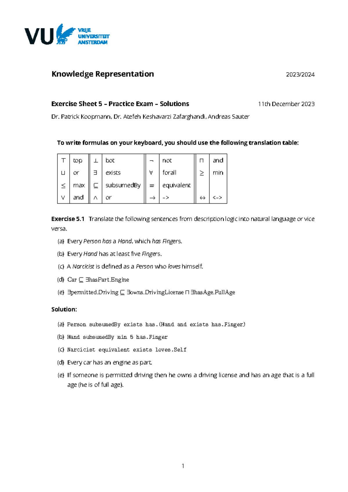 KR Practice Exam Solutions - Knowledge Representation 2023/ Exercise ...
