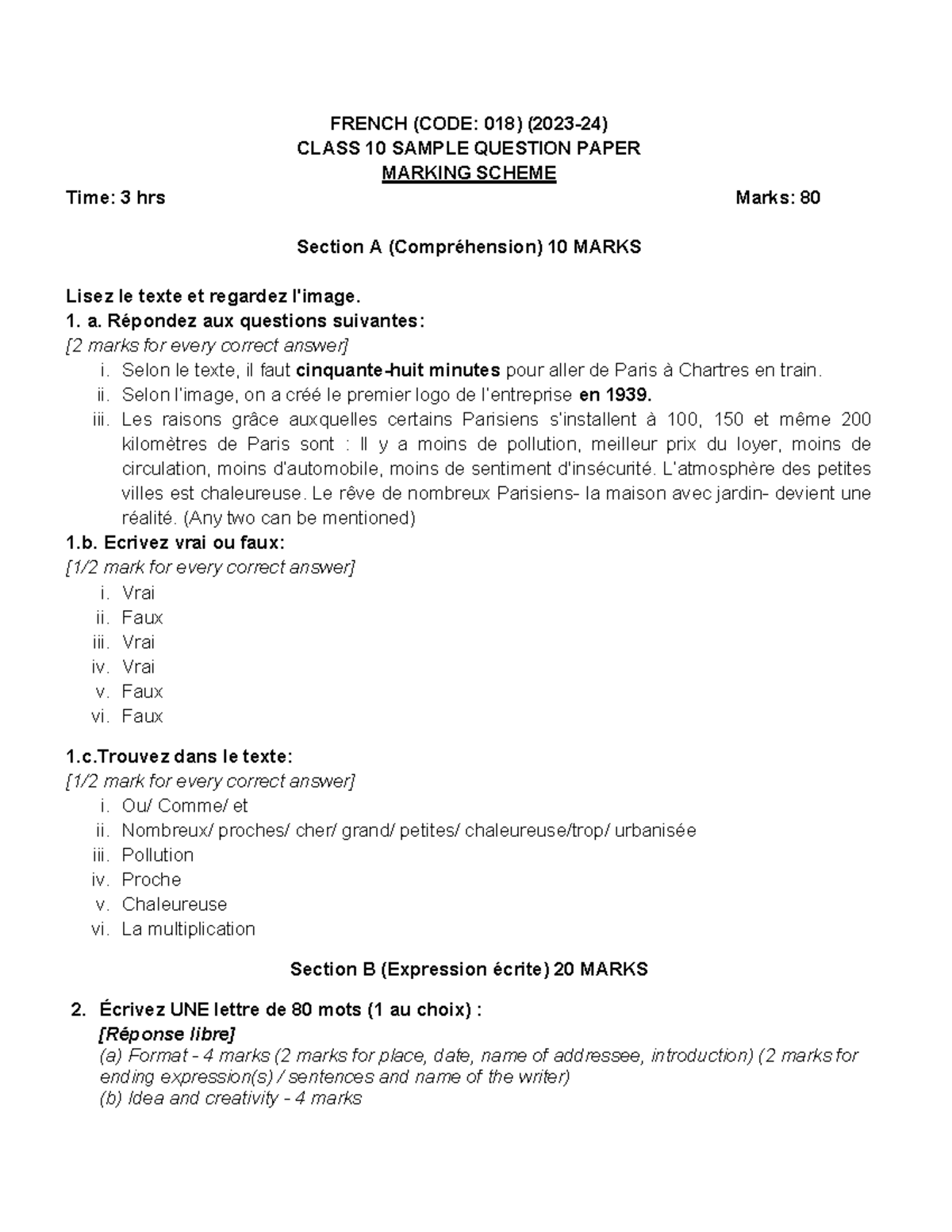 CBSE Class 10 French Marking Scheme Question Paper 2023-24 - FRENCH ...