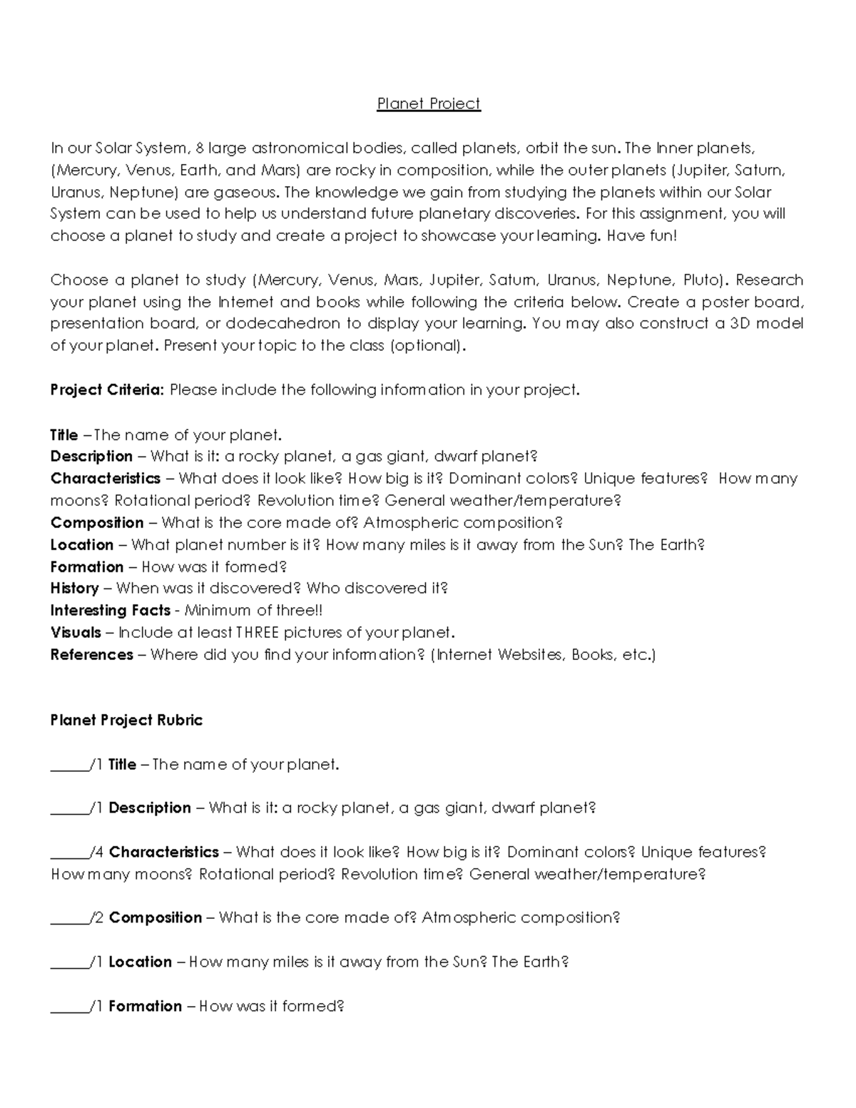 Planet Project (Editable) - Planet Project In our Solar System, 8 large ...