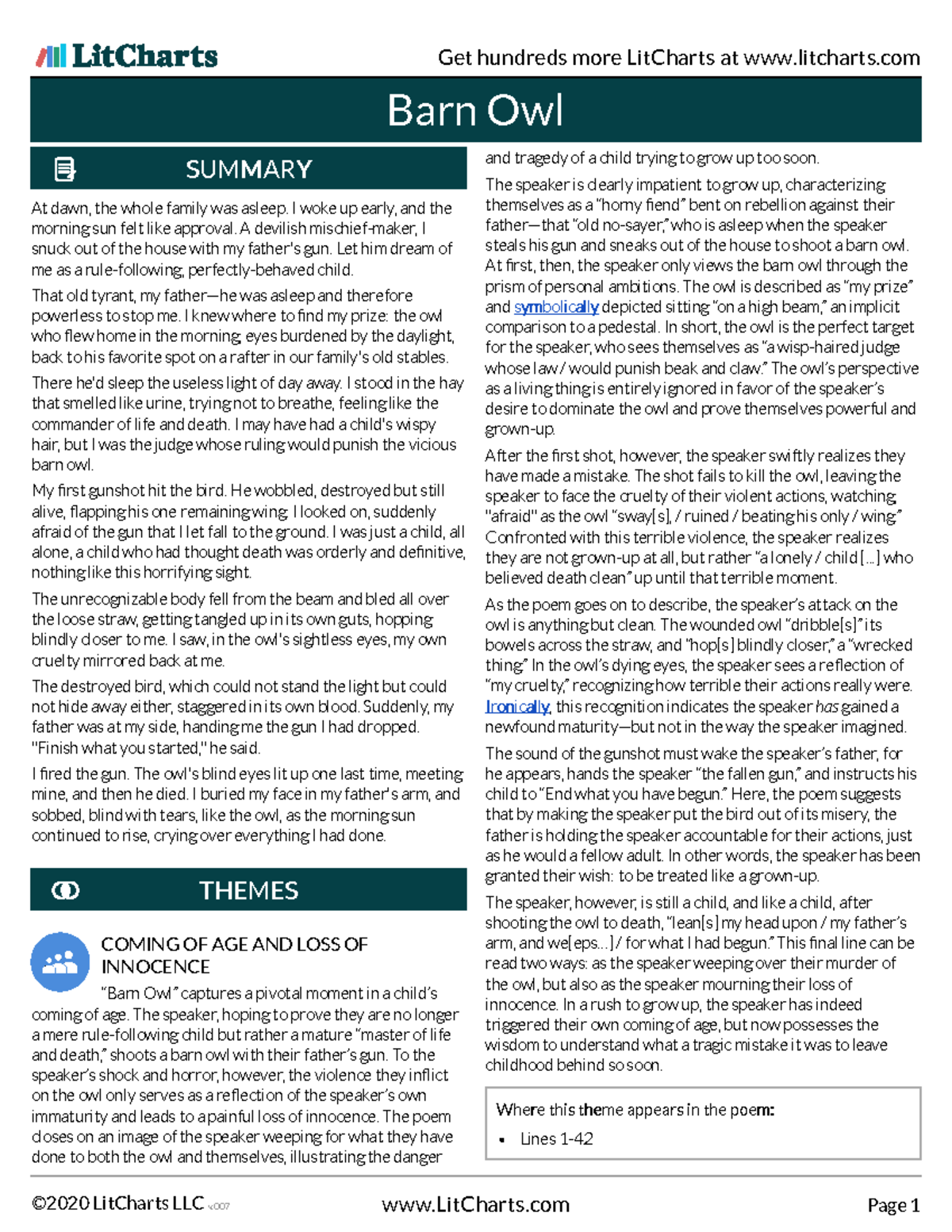 Lit Charts-barn-owl - Barn Owl Lit Charts pdf - Barn Owl At dawn, the ...