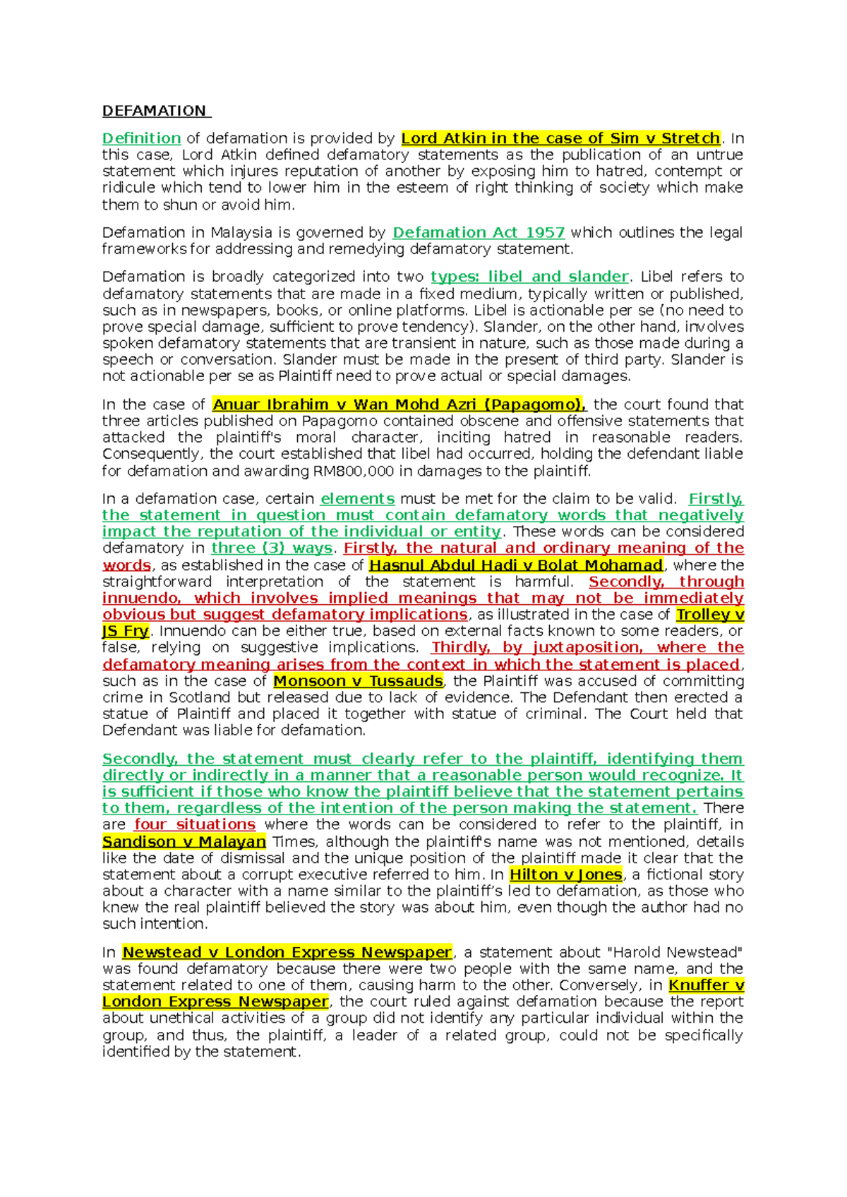 Final Tort 11 - DEFAMATION Definition of defamation is provided by Lord ...