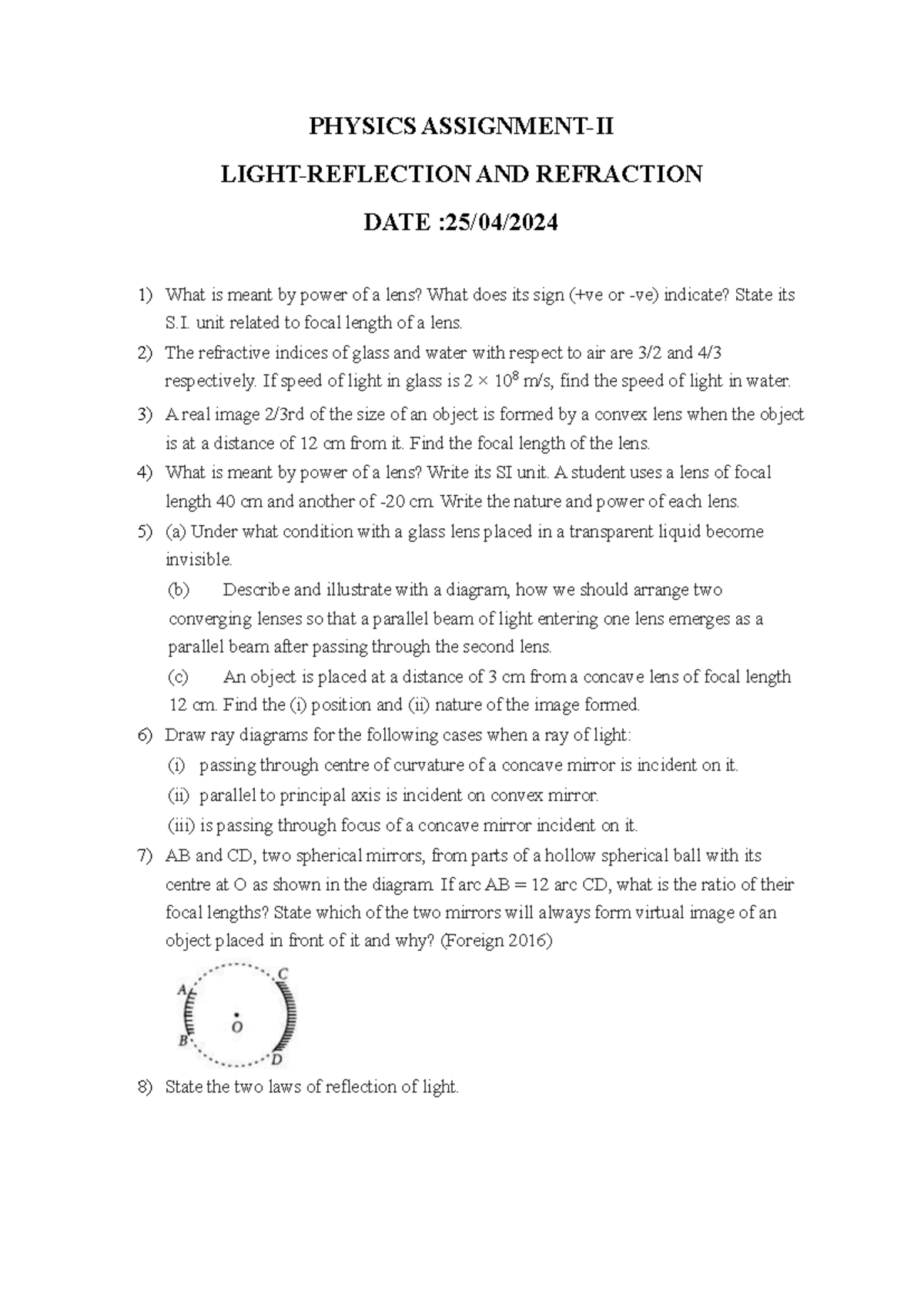 Ahw 2404251203 1325420390 1 - PHYSICS ASSIGNMENT-II LIGHT-REFLECTION AND REFRACTION DATE :25/04 ...