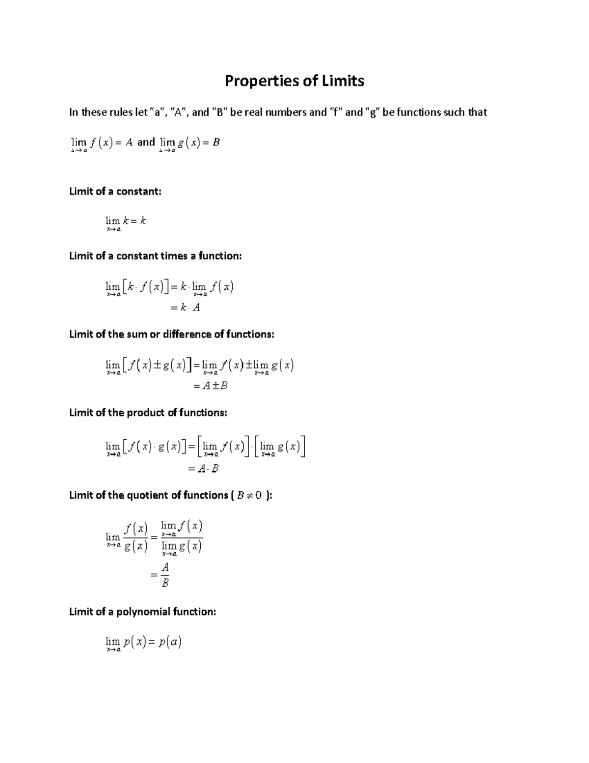 Properties of limits - helpful notes - Properties of Limits In these ...