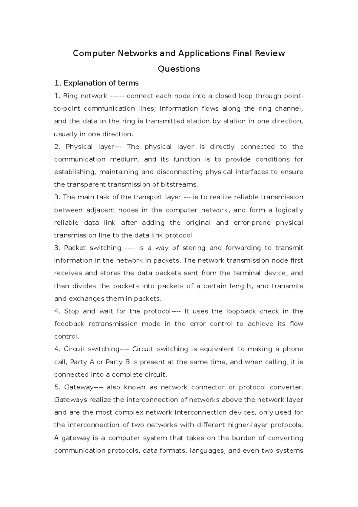 Computer Networks And Applications Final Review Questions Explanation