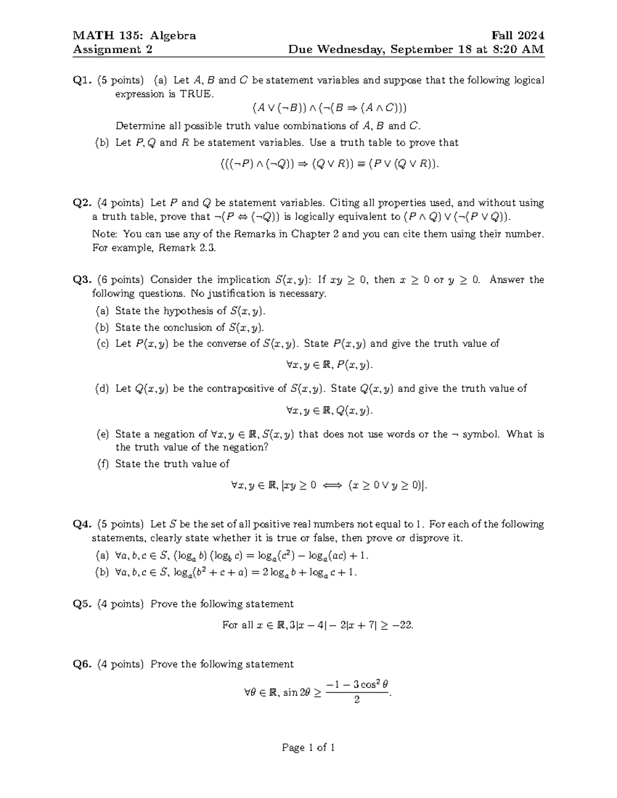 A2 - Assignment 2 for Math 135 - MATH 135: Algebra Assignment 2 Fall ...