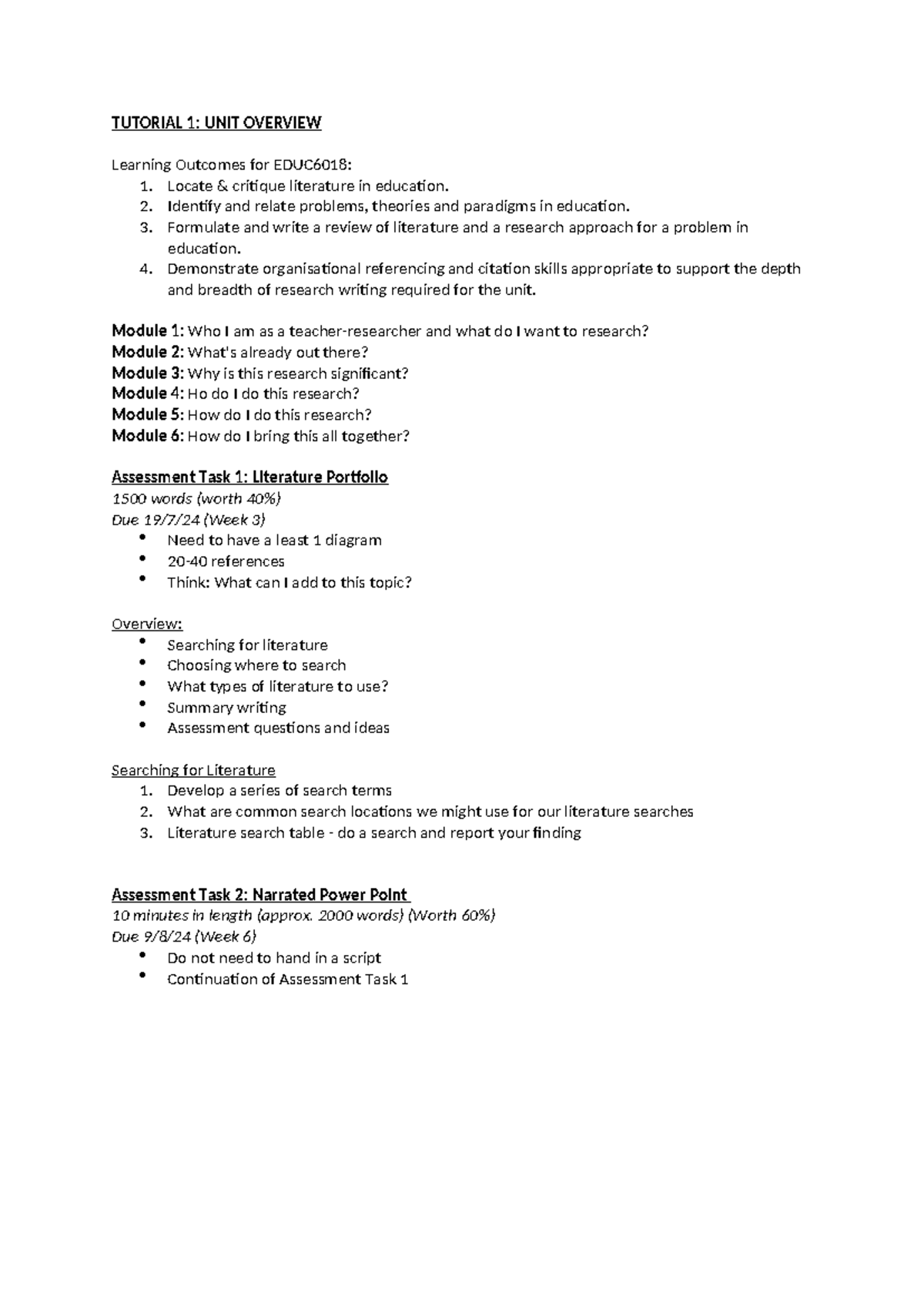 Tutorial 1-Unit Overview - TUTORIAL 1: UNIT OVERVIEW Learning Outcomes ...