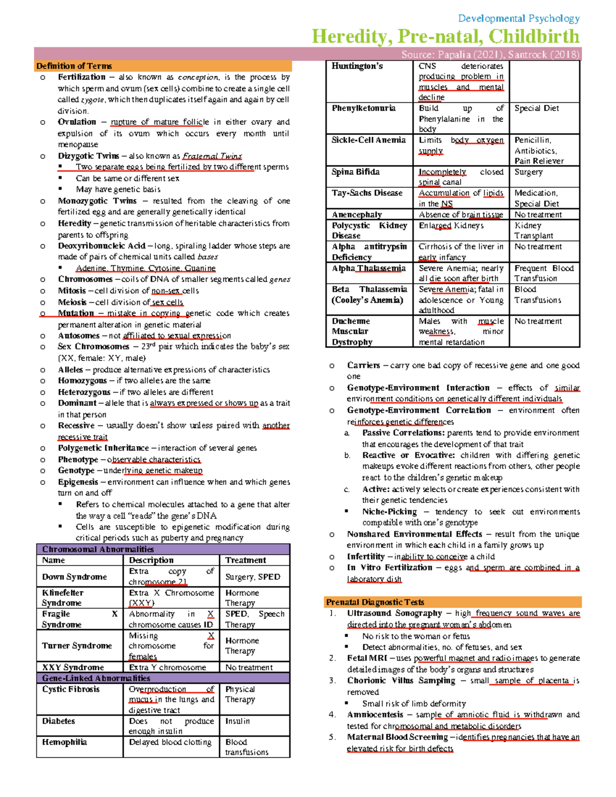 Dev Psy 1 Prenatal - Notes - Heredity, Pre-natal, Childbirth Source ...