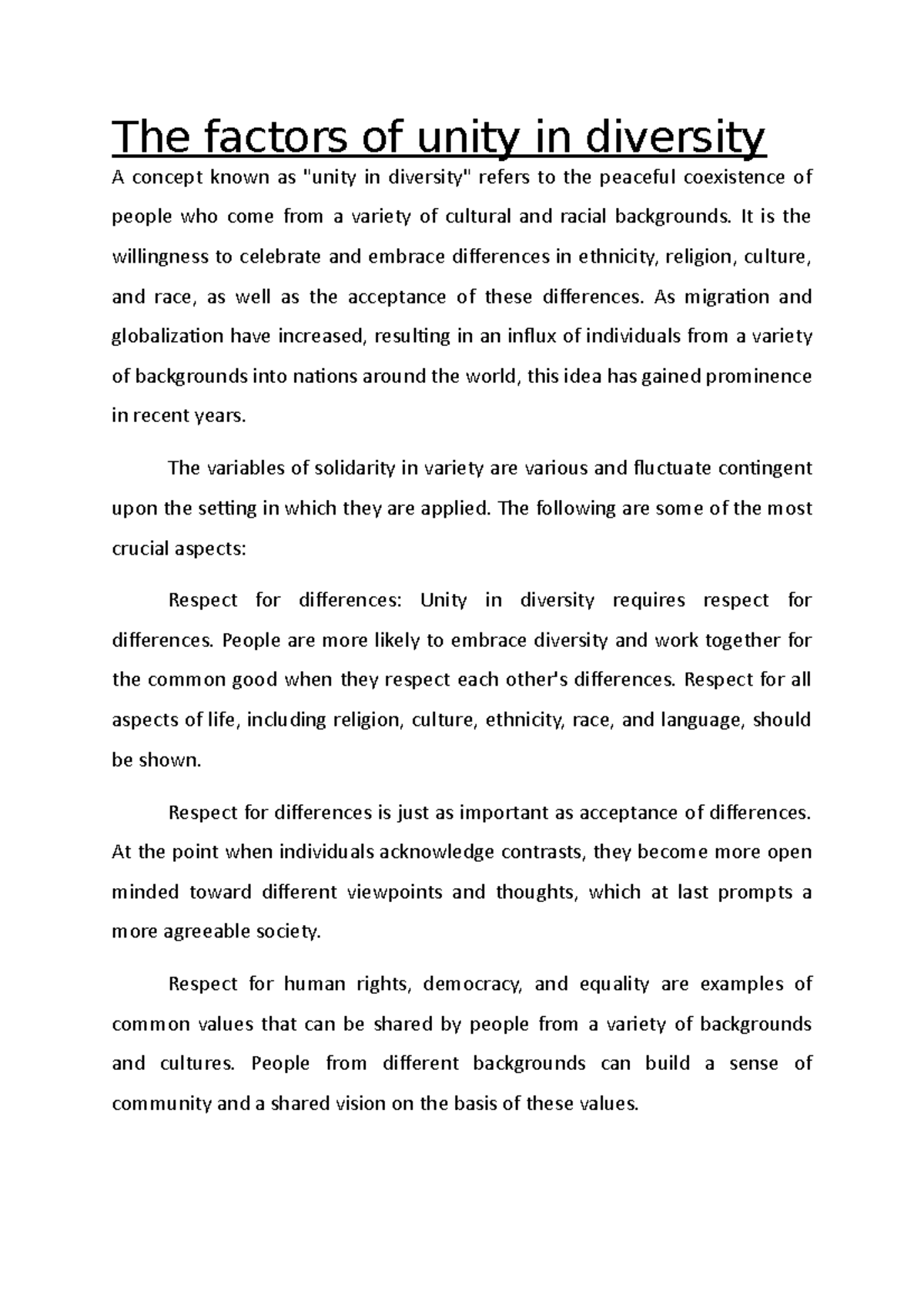 The factors of unity in diversity - It is the willingness to celebrate ...