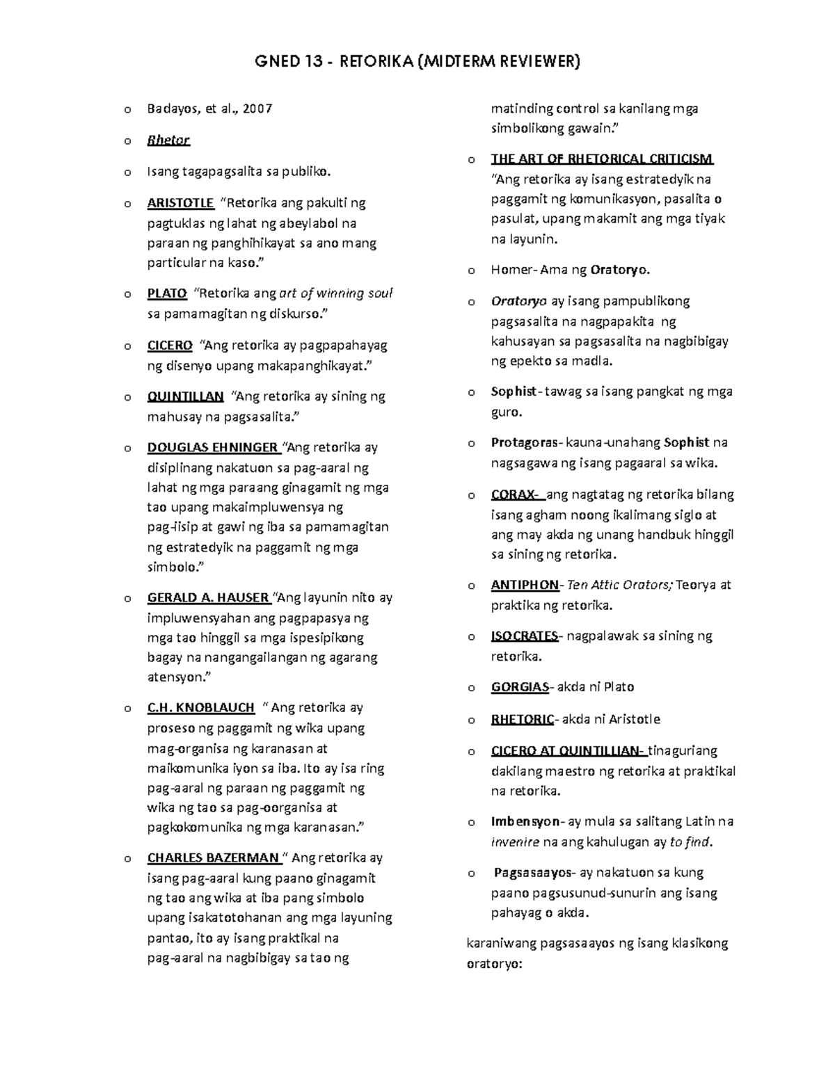 GNED-13- Reviewer - GNED 13 - RETORIKA (MIDTERM REVIEWER) o Badayos, et ...