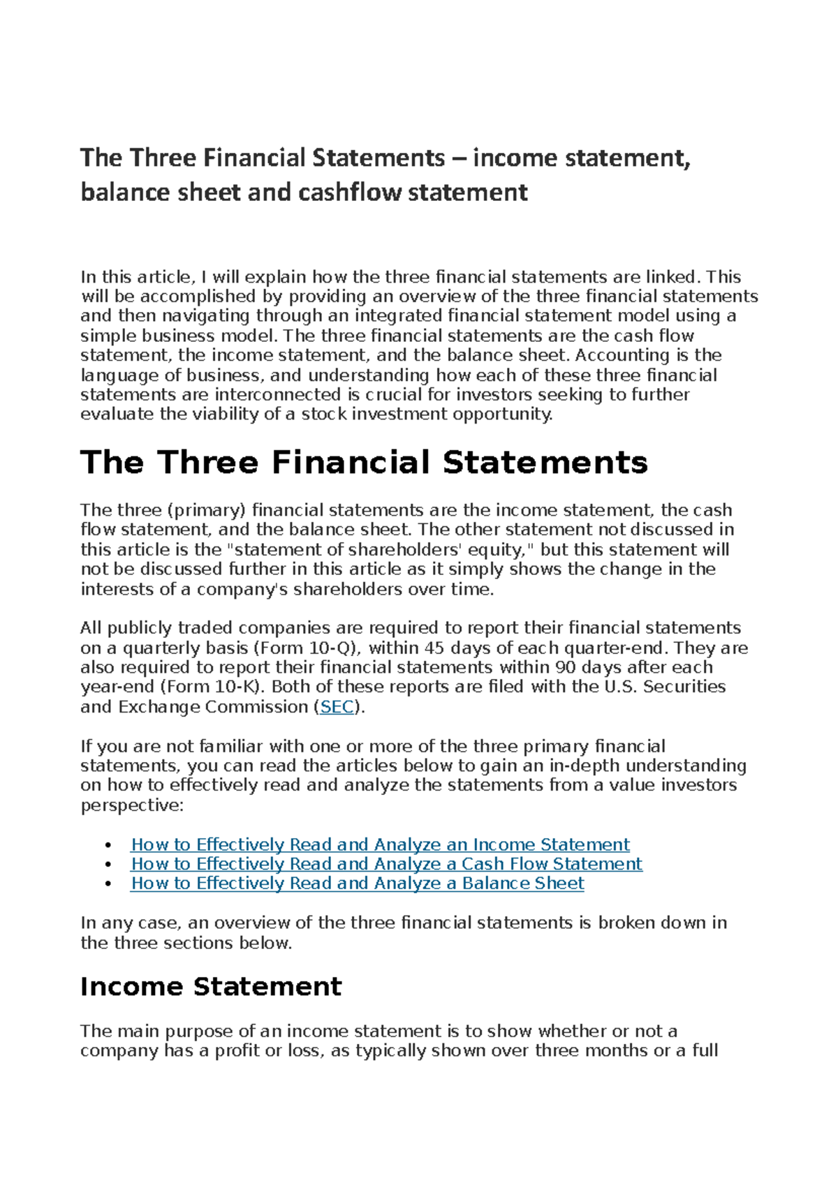 The Three Financial Statements – income statement, balance sheet and ...