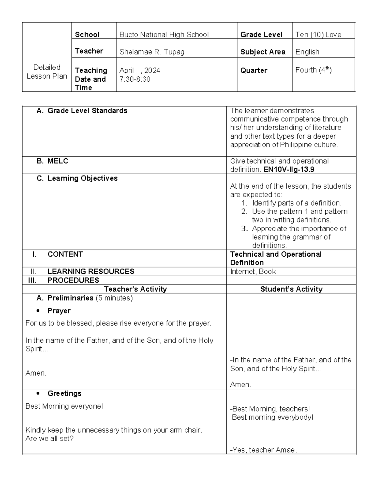 Detailed lesson plan - Detailed Lesson Plan School Bucto National High ...