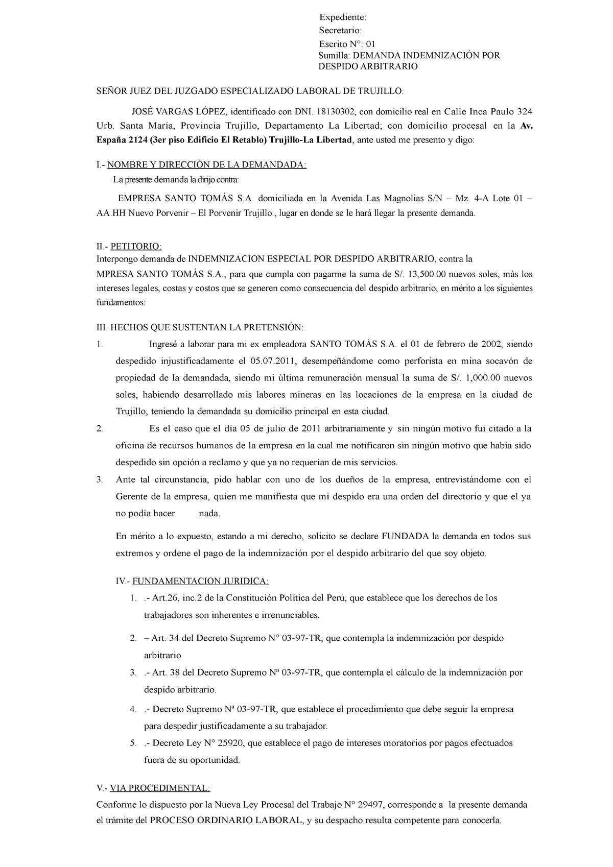 Demanda Indemnización Despido Arbitrario - LUIS Terrones (A ...
