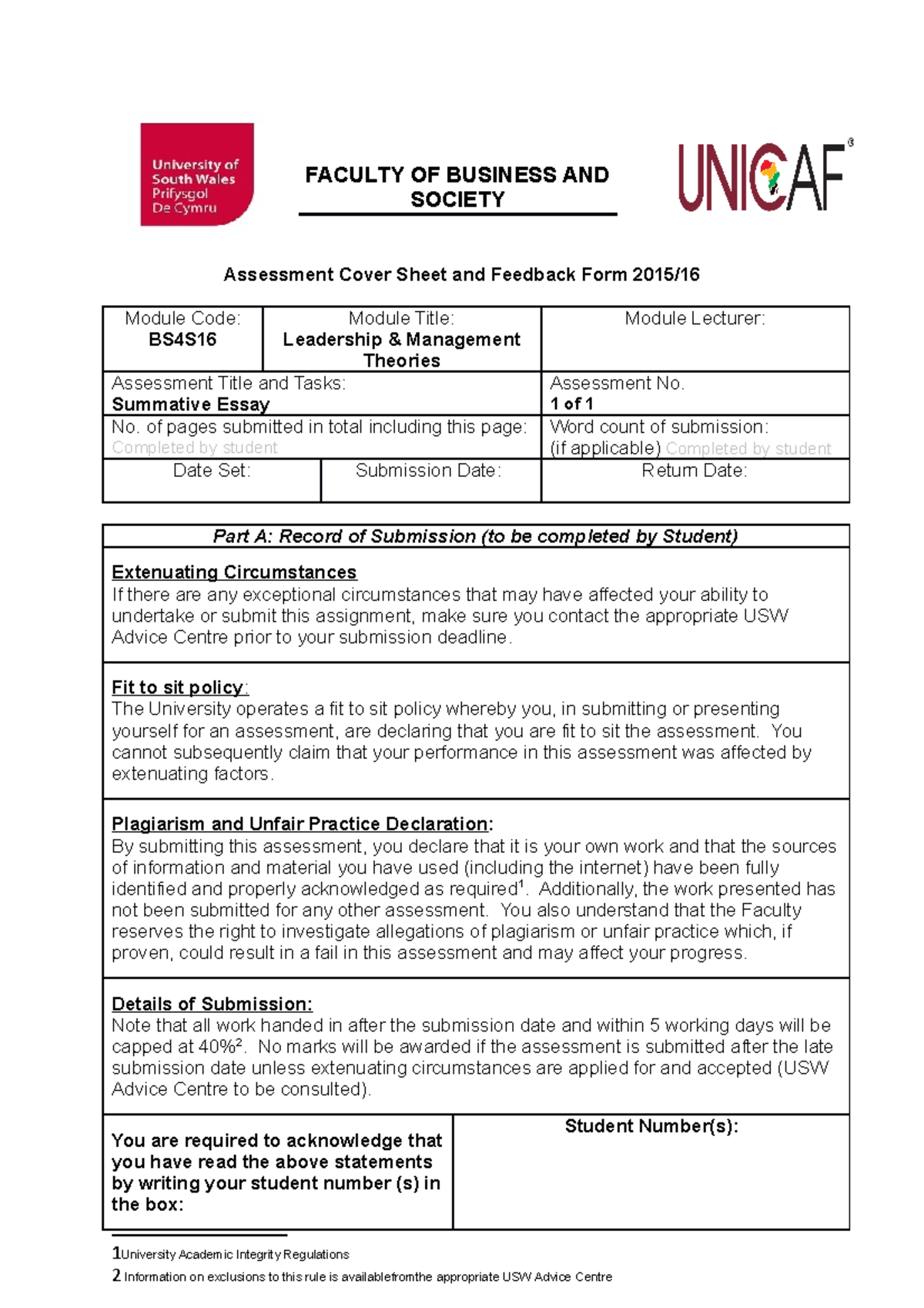Assessment Cover Feedback Form - BS4S16 - Summative Essay - FACULTY OF ...