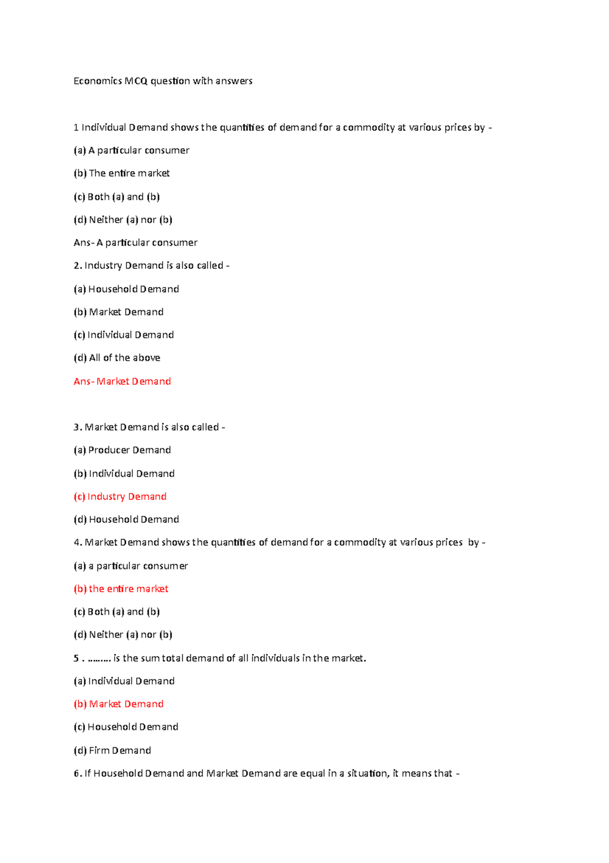 Economics MCQ question with answers - Industry Demand is also called ...