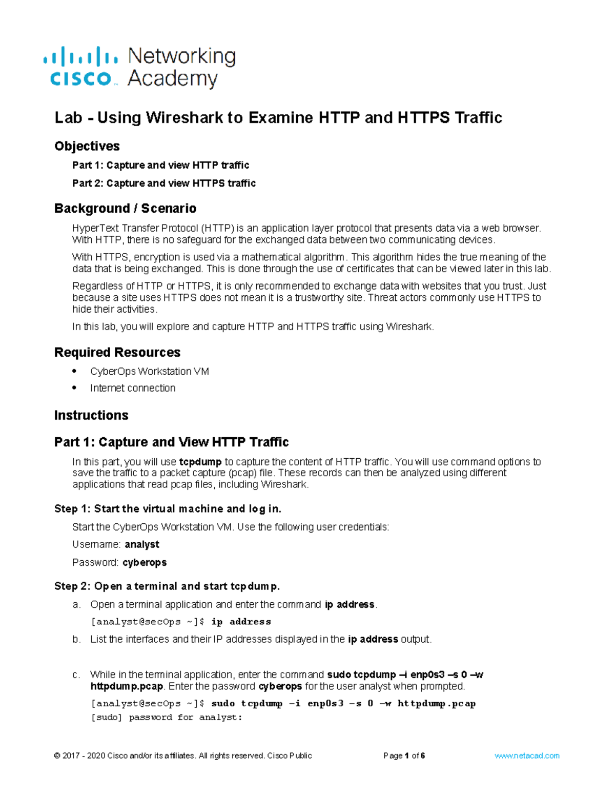 Lab 14 - Using Wireshark to Examine HTTP and Https Traffic - Objectives Part 1: Capture and view ...