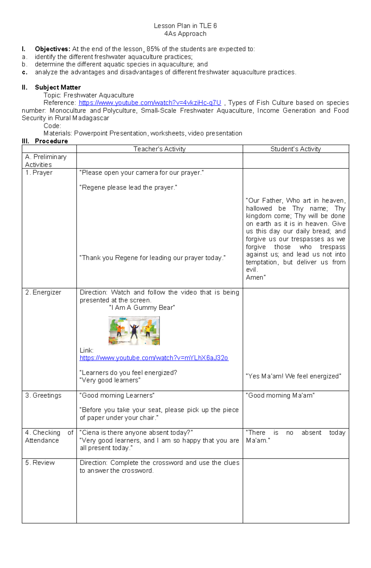 Freshwater-Aquaculture - Lesson Plan in TLE 6 4As Approach I ...