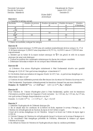 BCG S1 Exercices d Atomistique - TABLE DES MATIERES Préface - Studocu