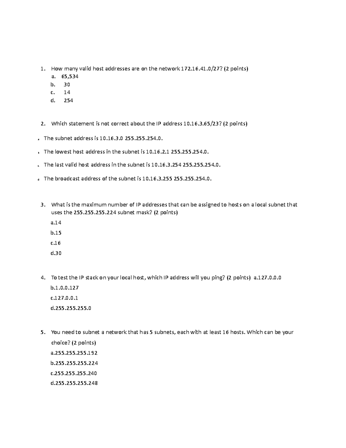 Networking Csci 1301 Assignment How Many Valid Host Addresses Are On The Network 172 16 41 27