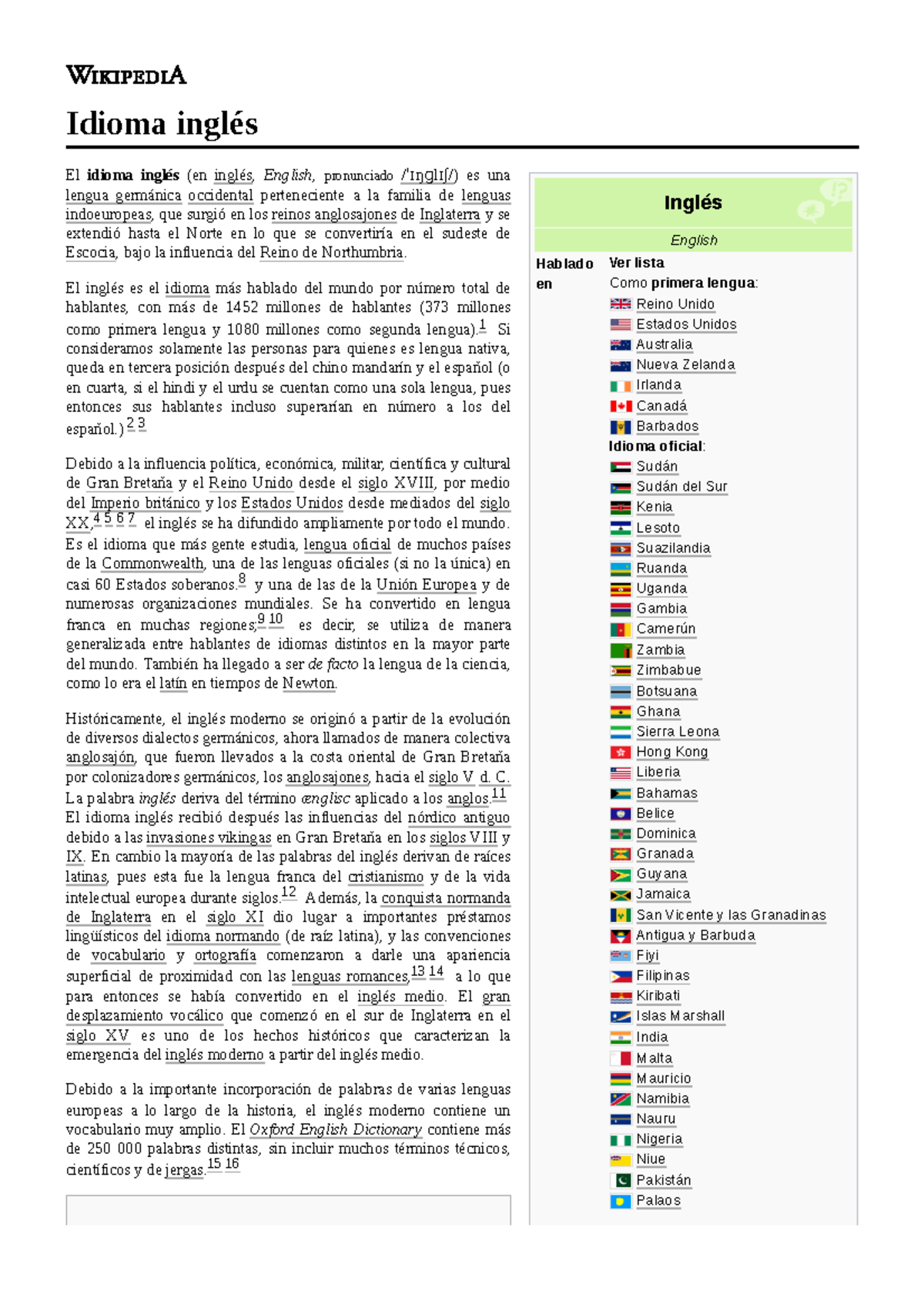 Idioma inglés - hola - Inglés English Hablado en Ver lista Como primera ...