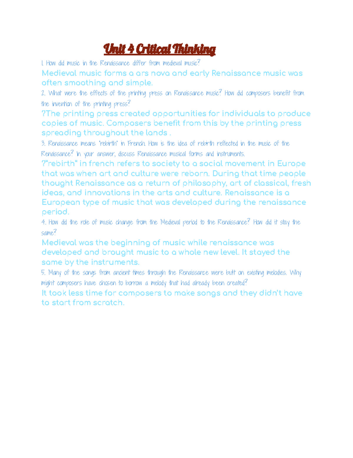 Unit 4 Critical Thinking - Uni 4 Critica inkin How did music in the ...