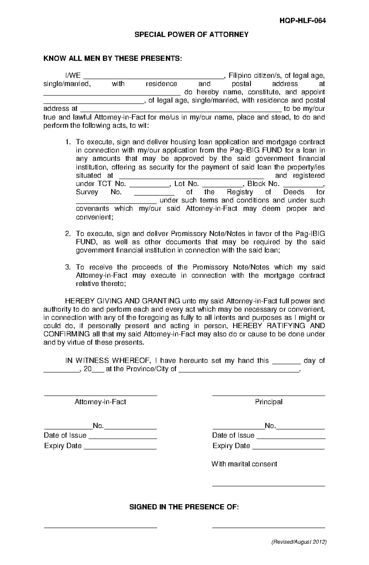 SPA - Sample SPA - (Revised/August 2012) SPECIAL POWER OF ATTORNEY KNOW ...